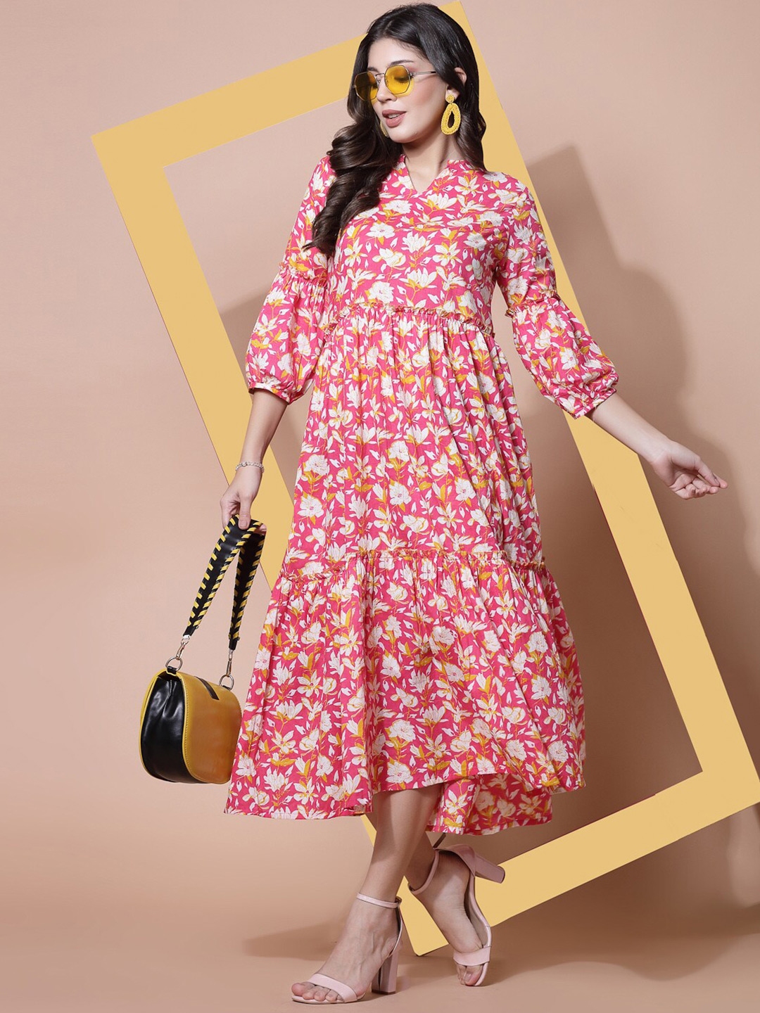 Buy Largish Floral Printed Mandarin Collar Puff Sleeves Tiered Cotton