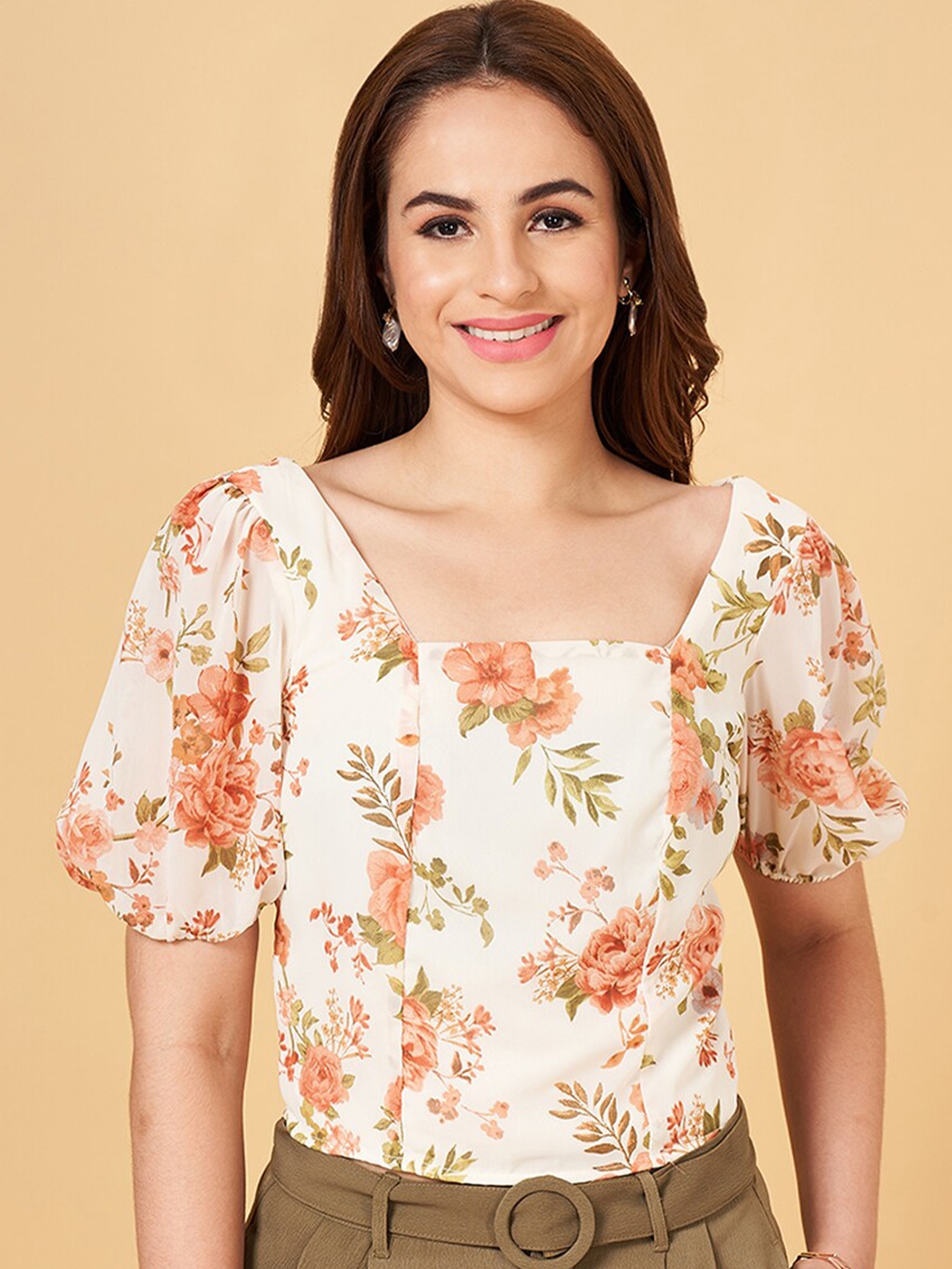 Buy Honey By Pantaloons Floral Print Square Neck Puff Sleeve Smocked