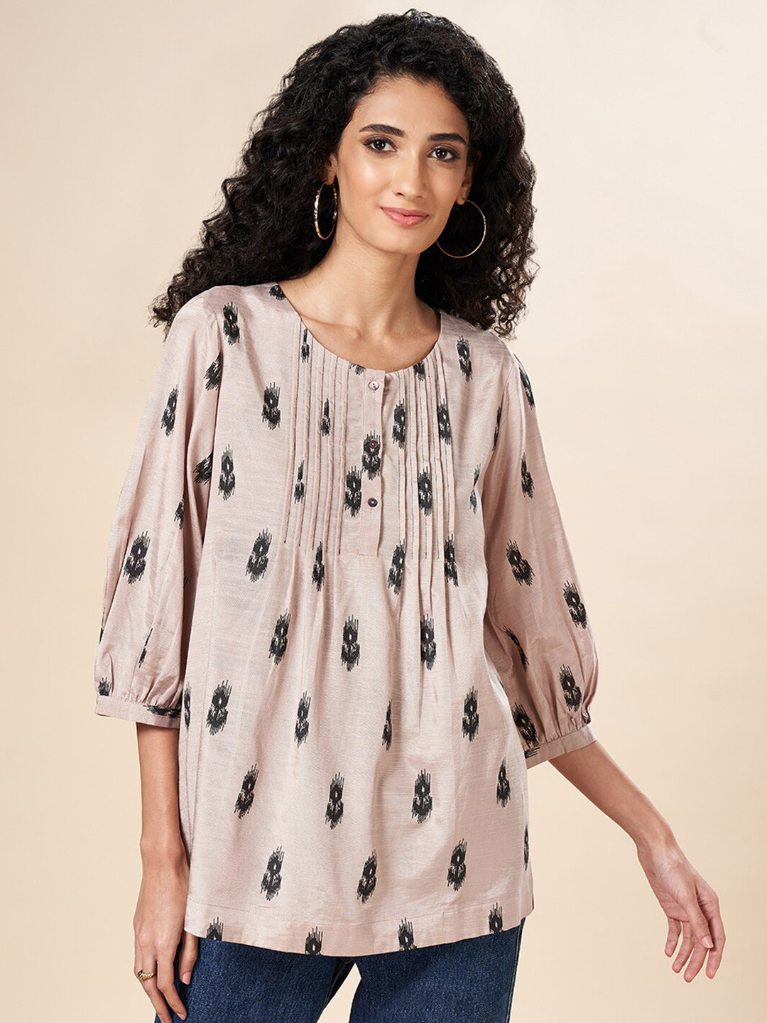 Buy Marigold Lane Ethnic Motifs Printed Pleated Round Neck Cotton Top ...
