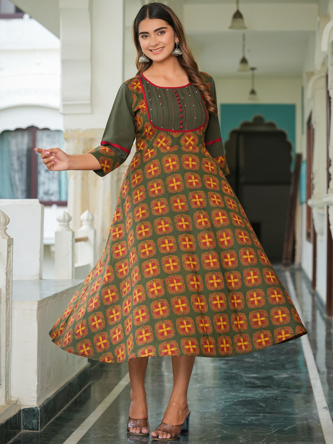 Buy YASH GALLERY Floral Printed Cotton Fit & Flare Midi Dress - Ethnic ...