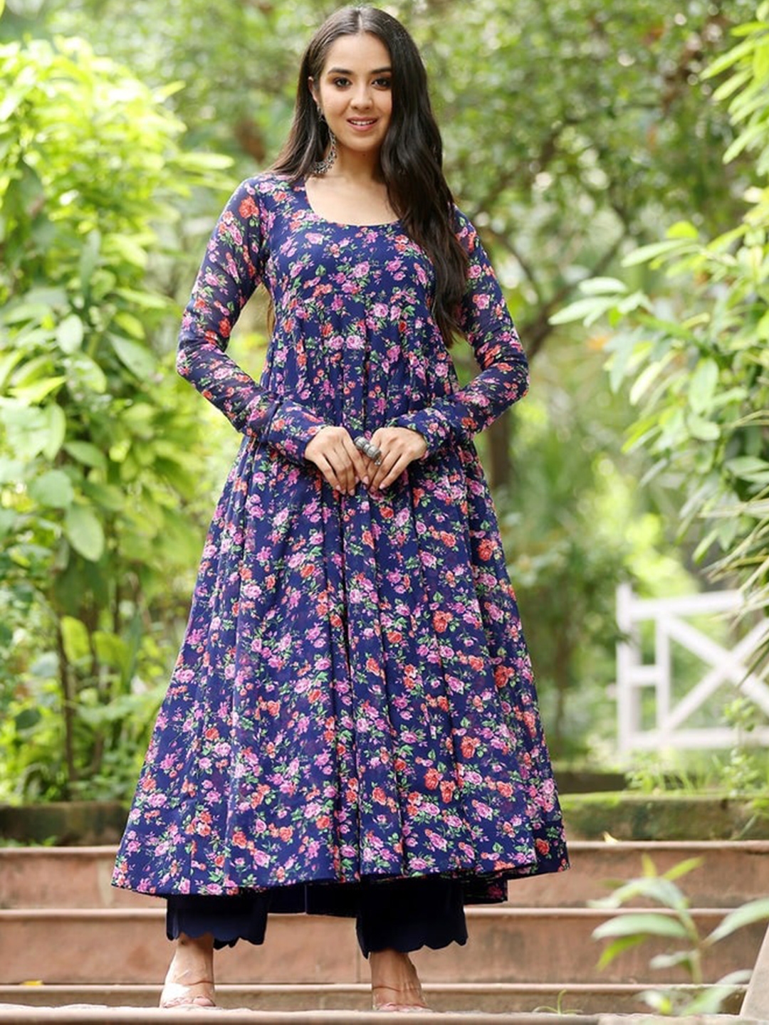 Buy Kalini Floral Printed Round Neck Long Sleeve Georgette Anarkali