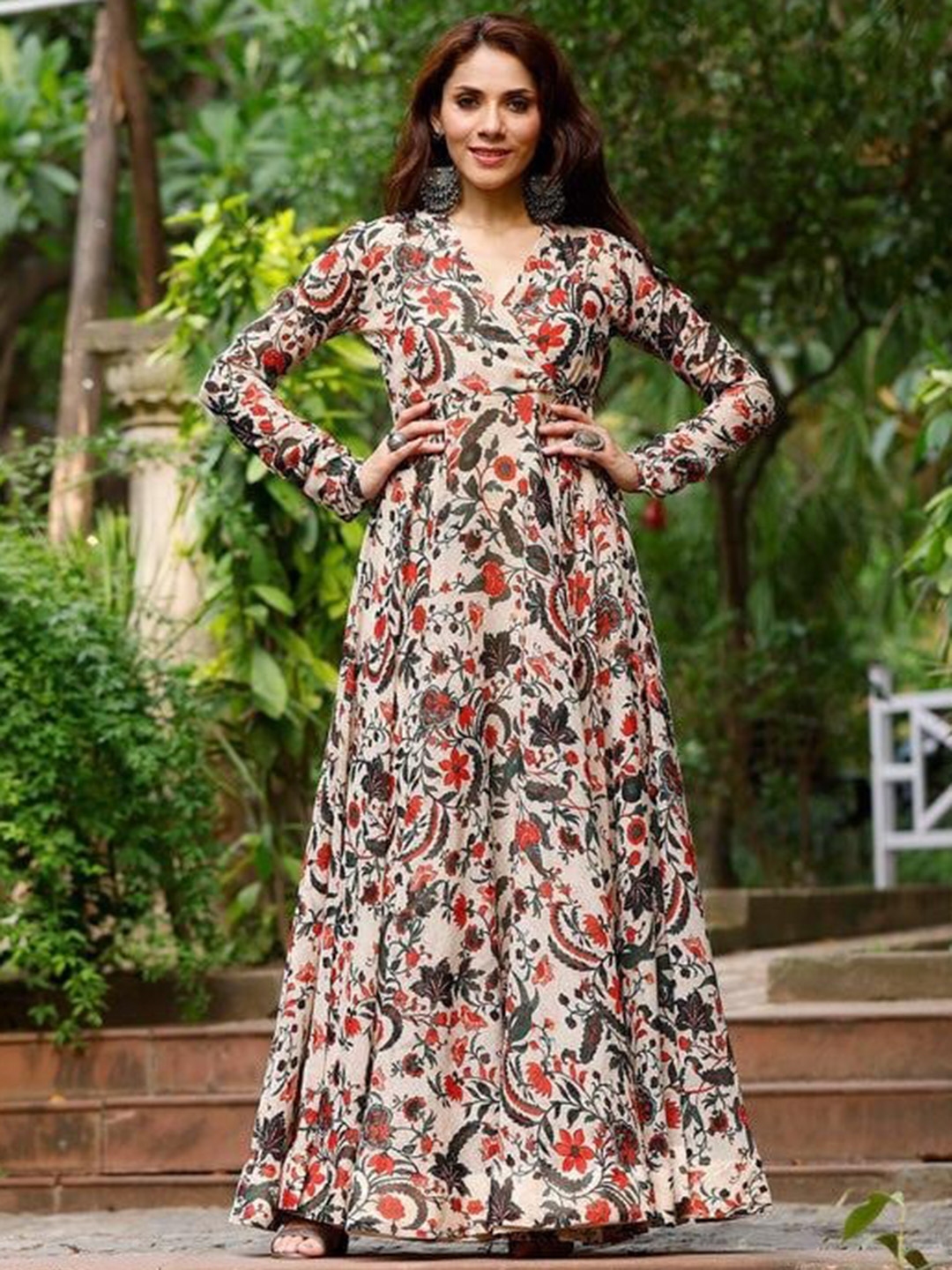 Buy Kalini Ethnic Motifs Printed V Neck Gathered Georgette Fit And Flare