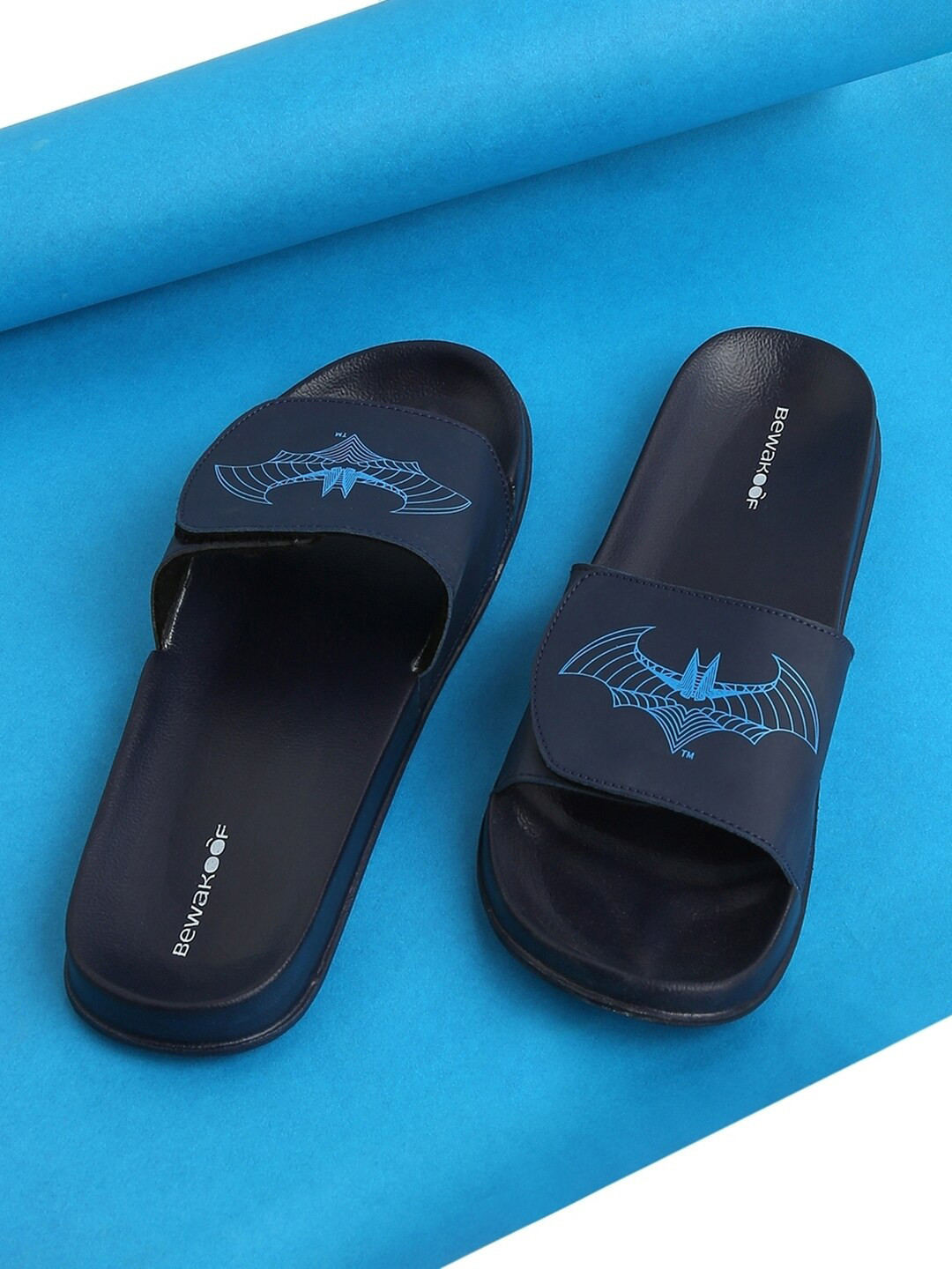 Buy Bewakoof Men Navy Blue Dynamic Batman Printed Velcro Sliders - Flip ...