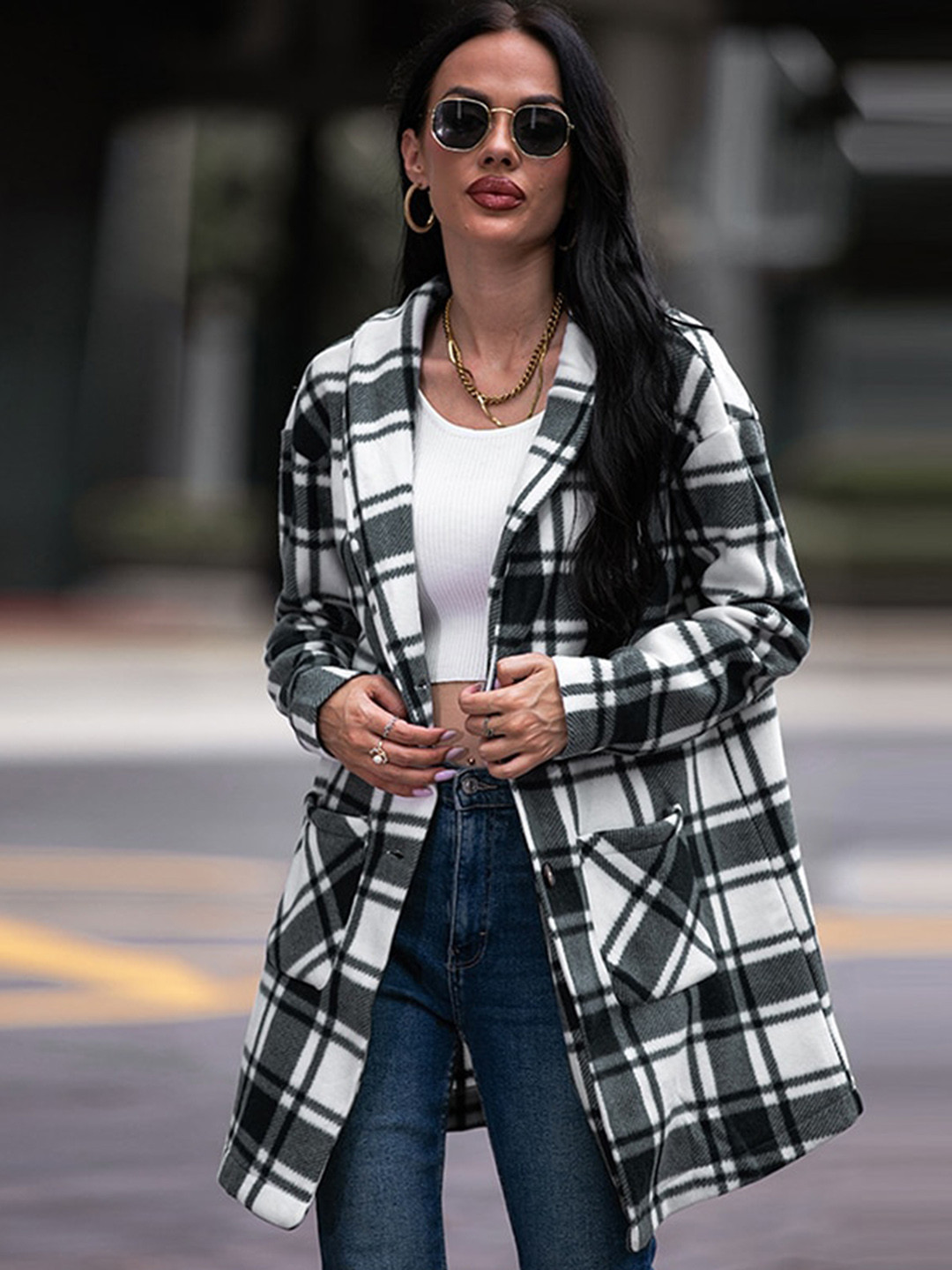 Buy StyleCast Black Checked Notched Lapel Overcoat - Coats for Women ...