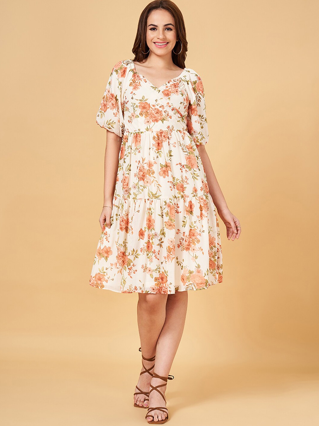 Buy Honey By Pantaloons Floral Printed Puff Sleeves Smocked Tie Up