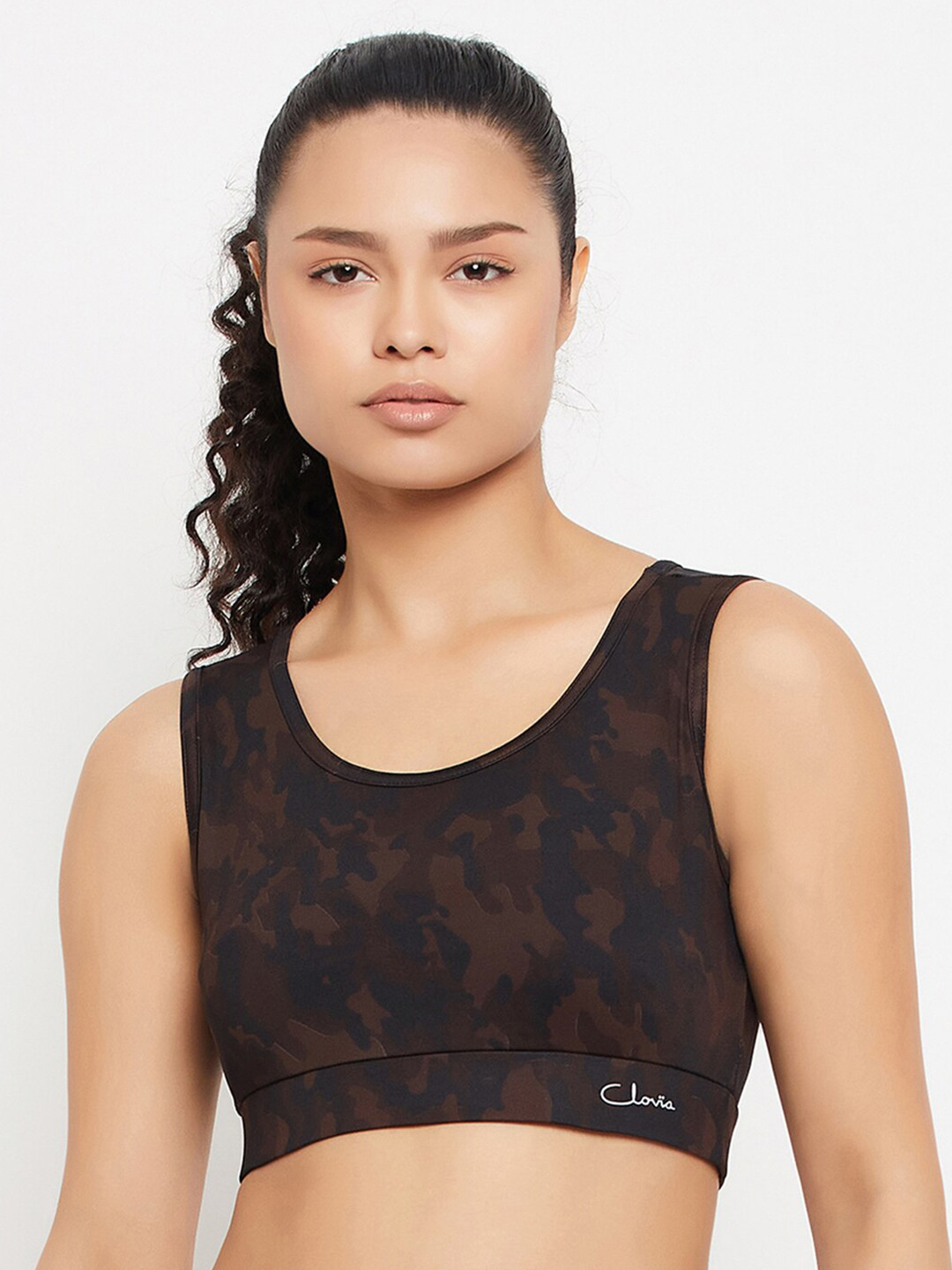 Buy Clovia Brown Geometric Printed Full Coverage Lightly Padded Workout ...