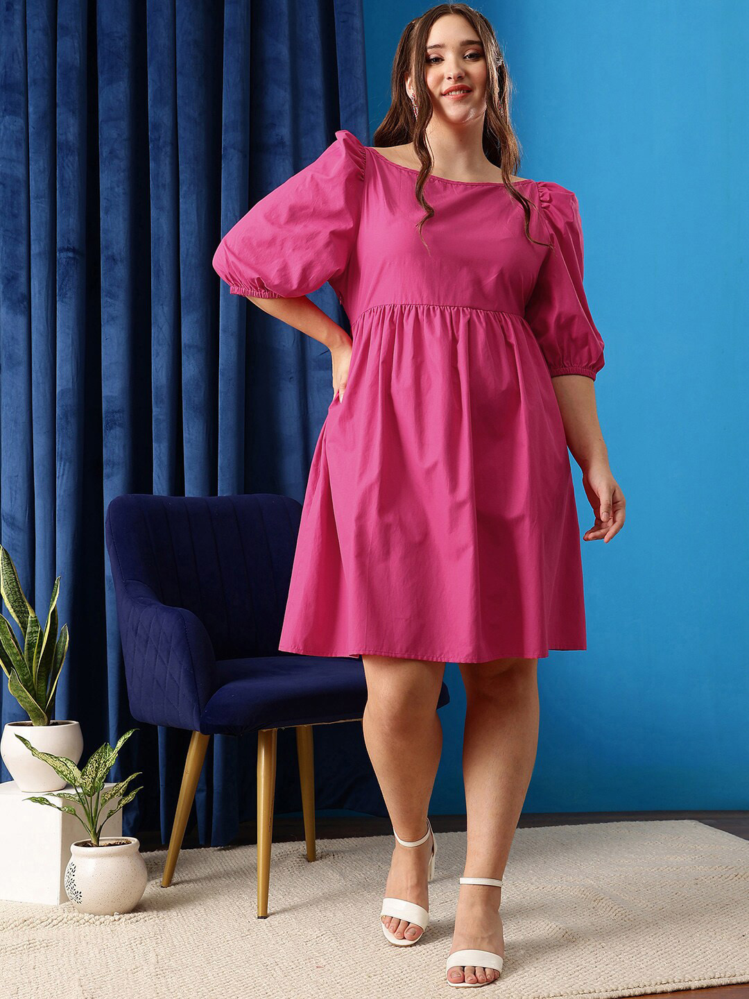 Buy CURVY STREET Fuchsia Plus Size Boat Neck Puff Sleeves Pure Cotton ...