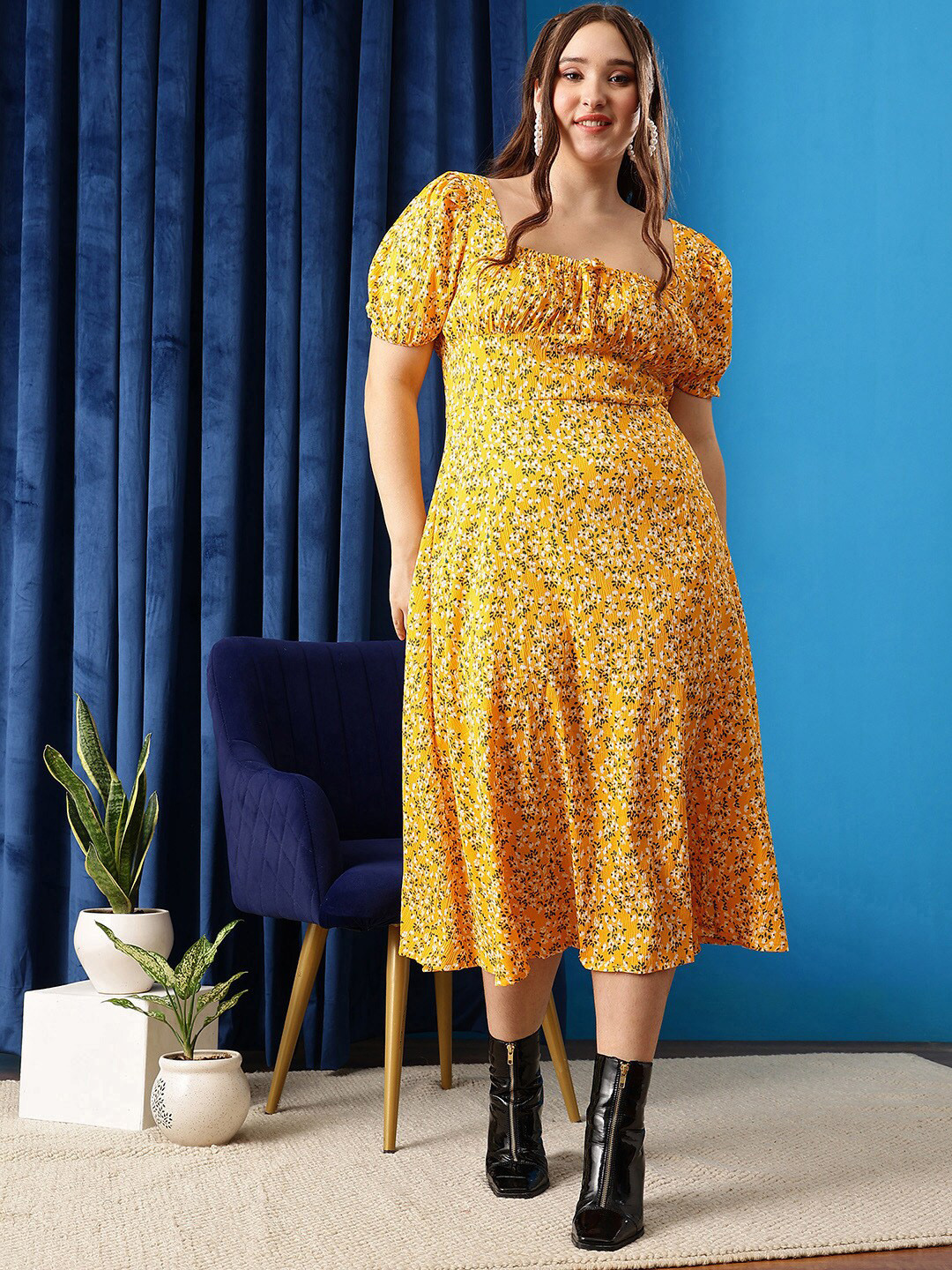 Buy CURVY STREET Plus Size Floral Printed Square Neck Gathered Flounce ...