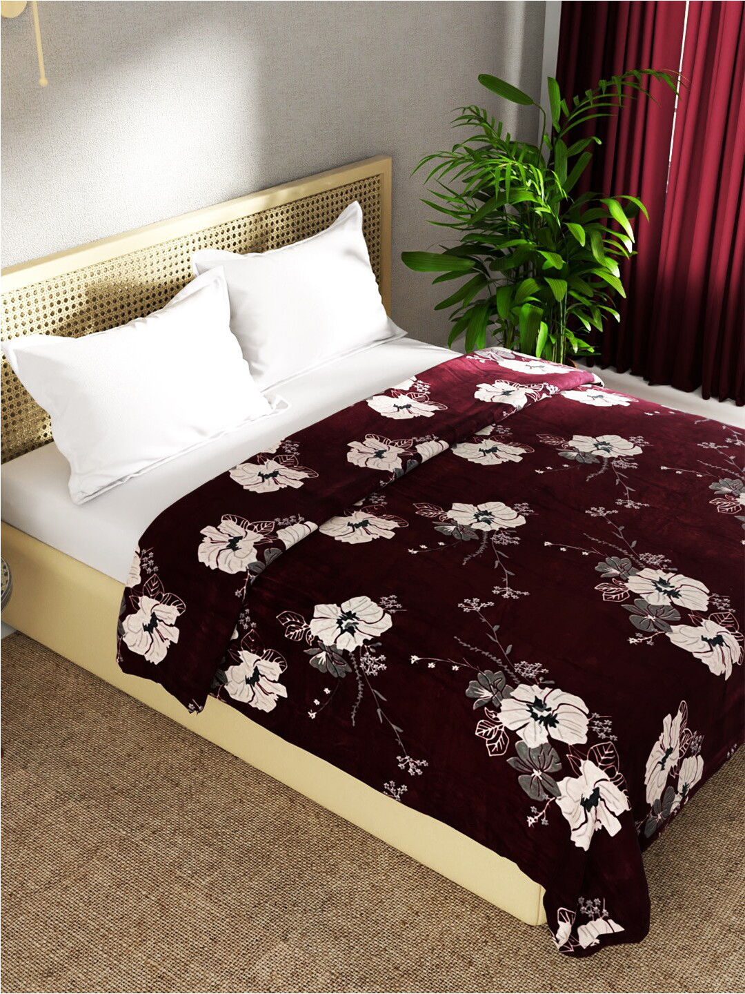 Buy KOPA Maroon & White Floral Microfiber AC Room 300 GSM Double Bed ...
