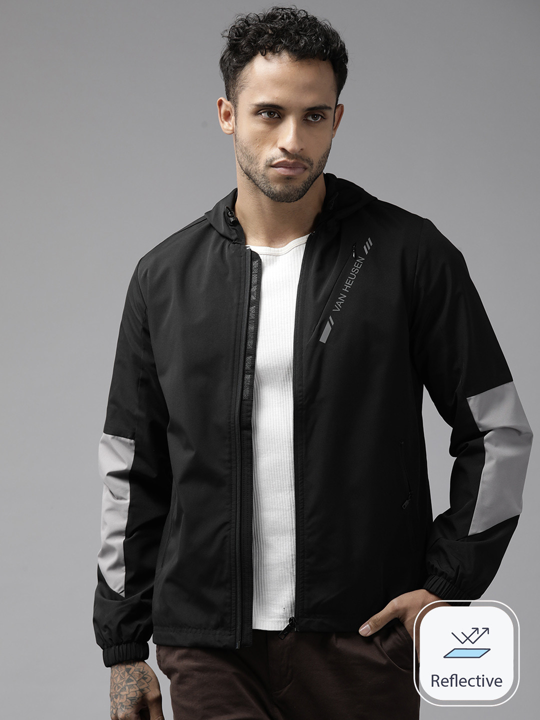 Buy Van Heusen Brand Printed Reflective Detailed Hooded Bomber Jacket ...