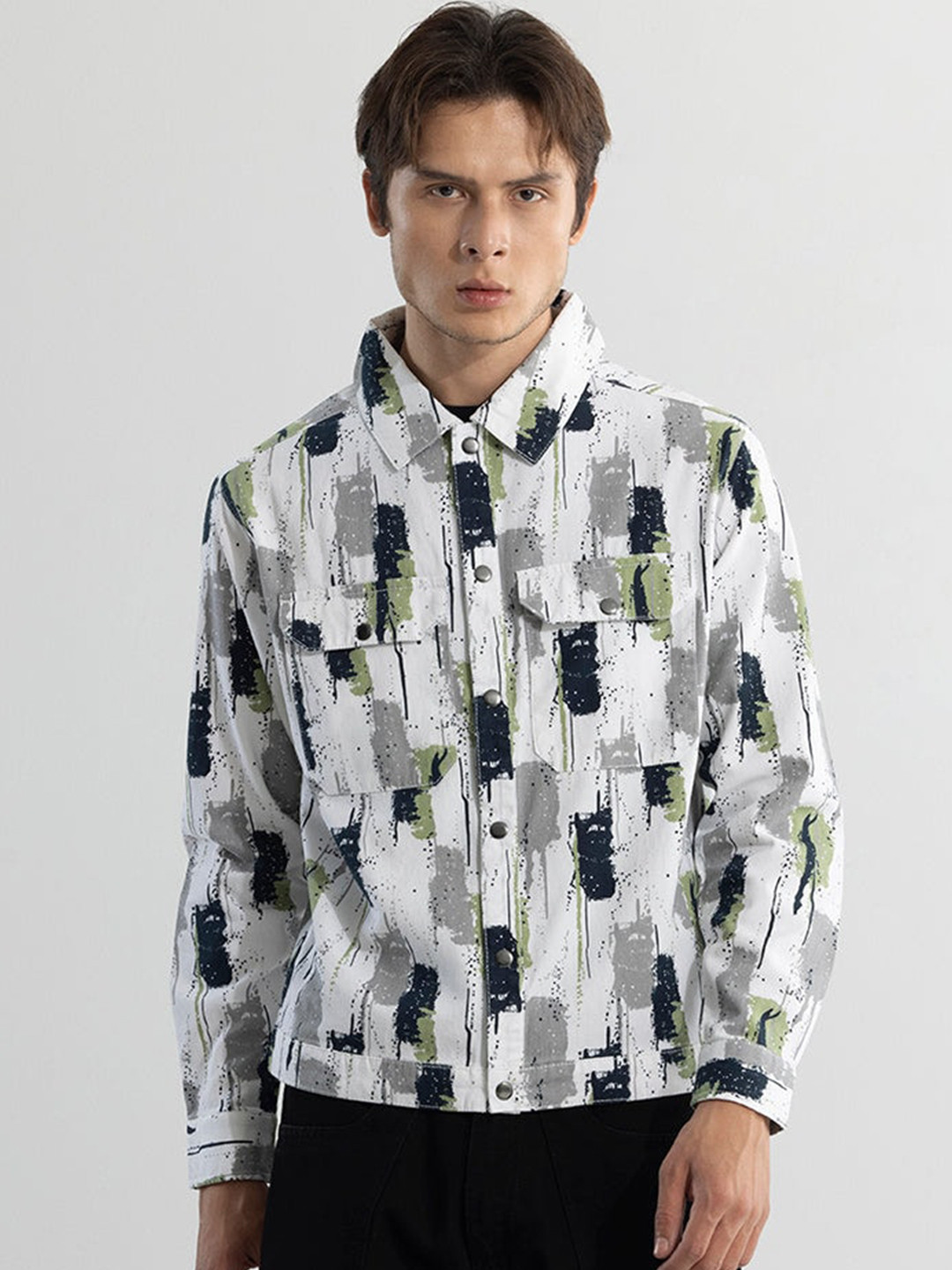 Buy Snitch Shirt Collar Abstract Printed Denim Jacket - Jackets for Men ...