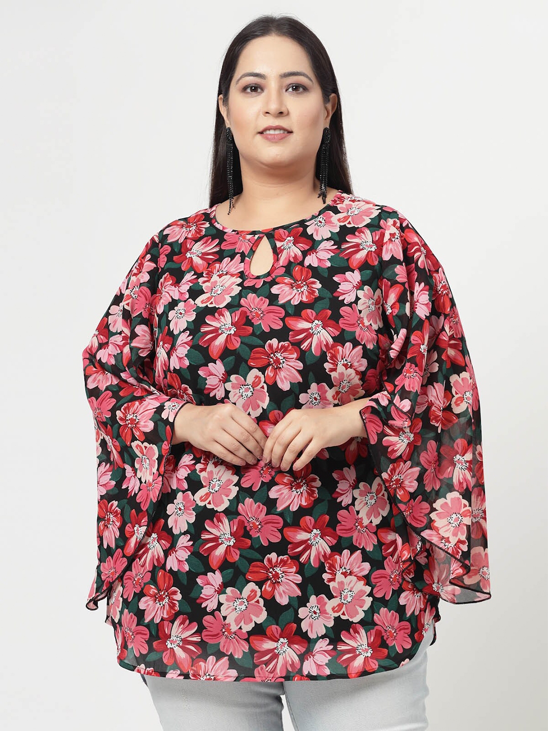 Buy Pluss Plus Size Floral Printed Keyhole Neck Flared Sleeves Top