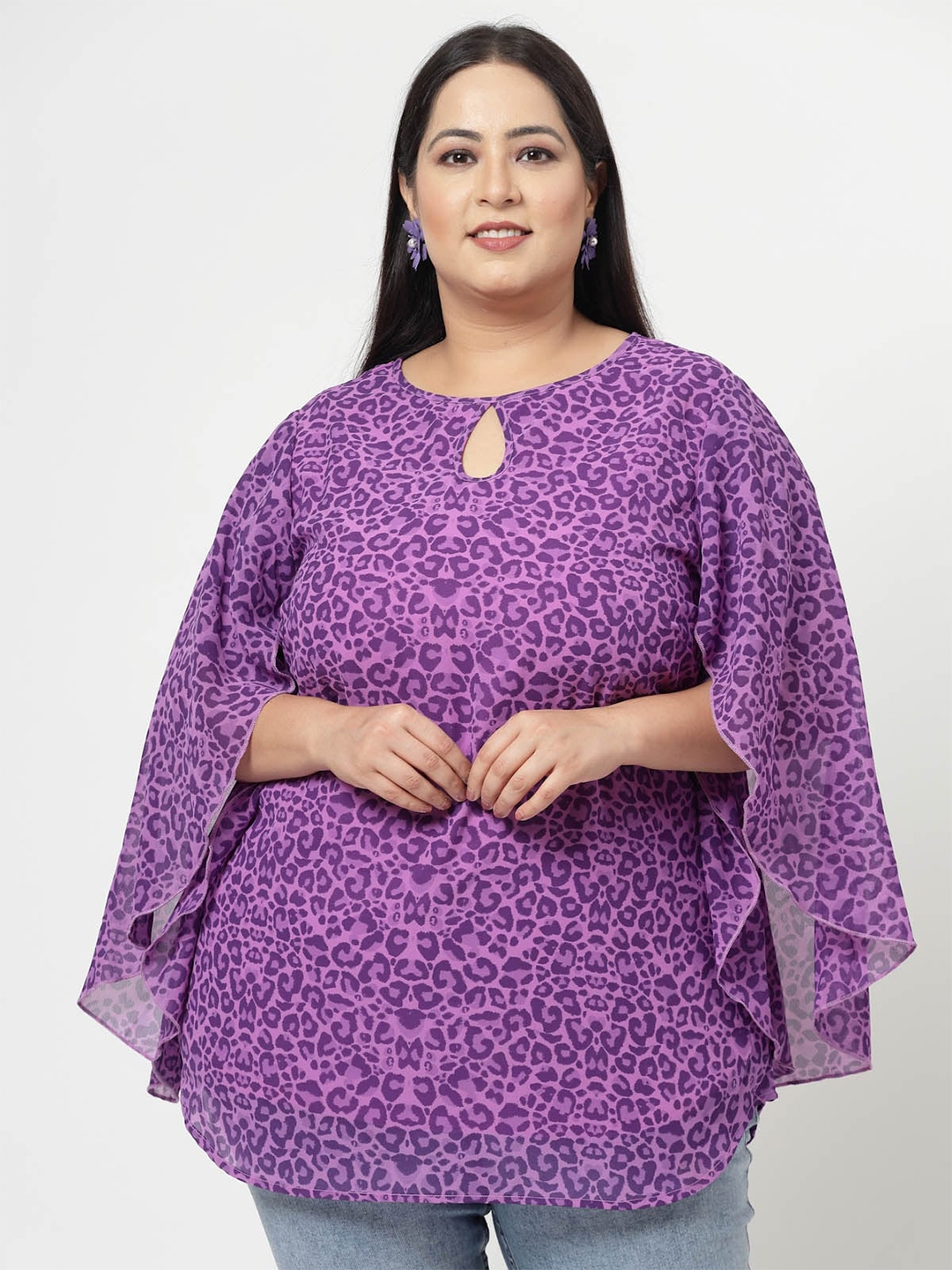 Buy Pluss Purple Abstract Printed Keyhole Neck Flared Sleeves Longline