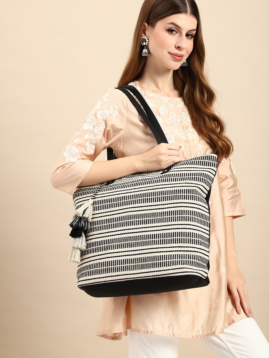 Buy Anouk Geometric Printed Tasselled Oversized Shopper Tote Bag ...