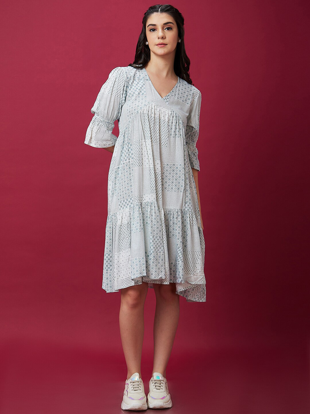 Buy Globus Abstract Printed Puff Sleeves V Neck Gathered Tiered A Line ...