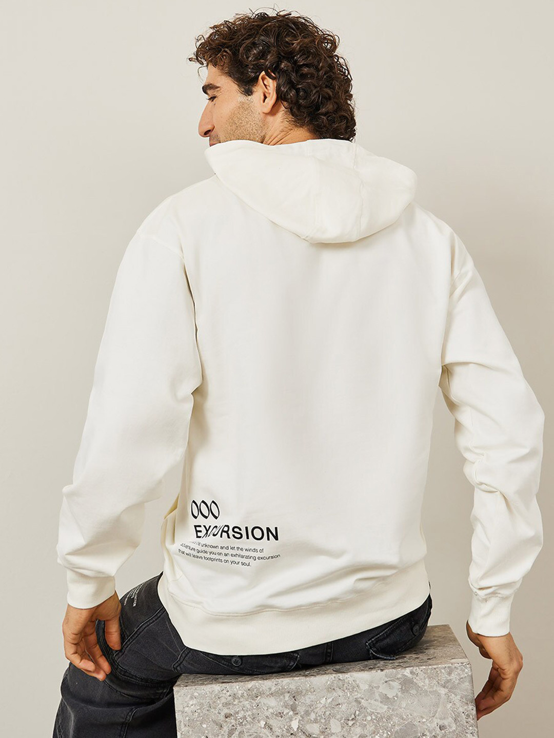 Buy Styli Cream Coloured Typography Printed Hooded Cotton Pullover ...
