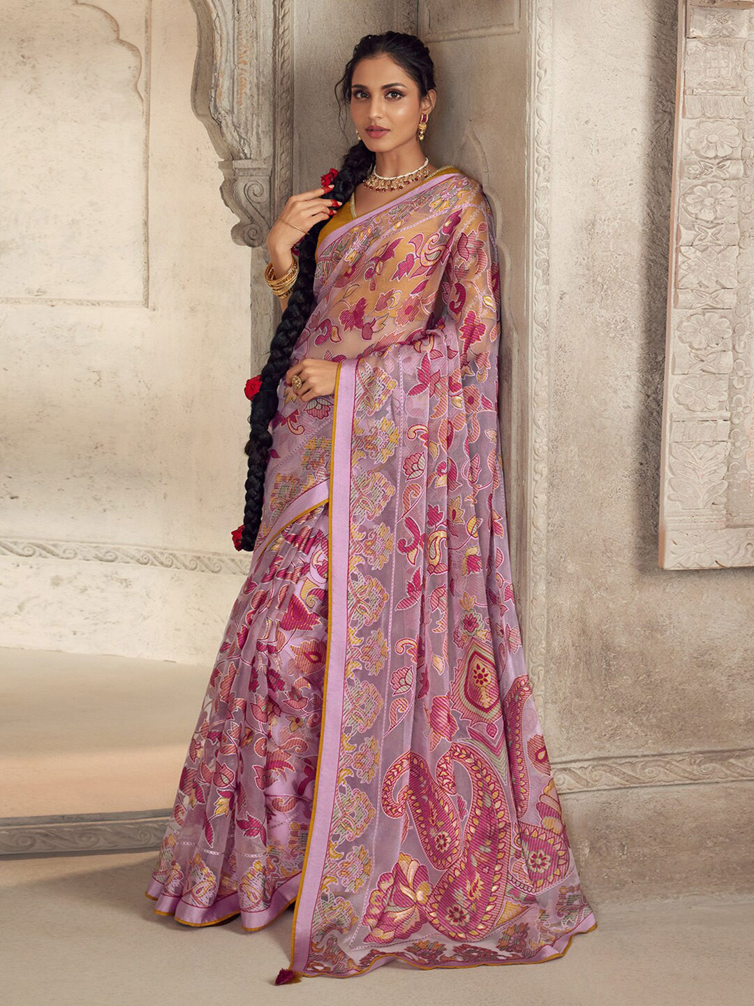 Buy Mitera Mauve & Red Ethnic Motifs Brasso Saree - Sarees for Women ...