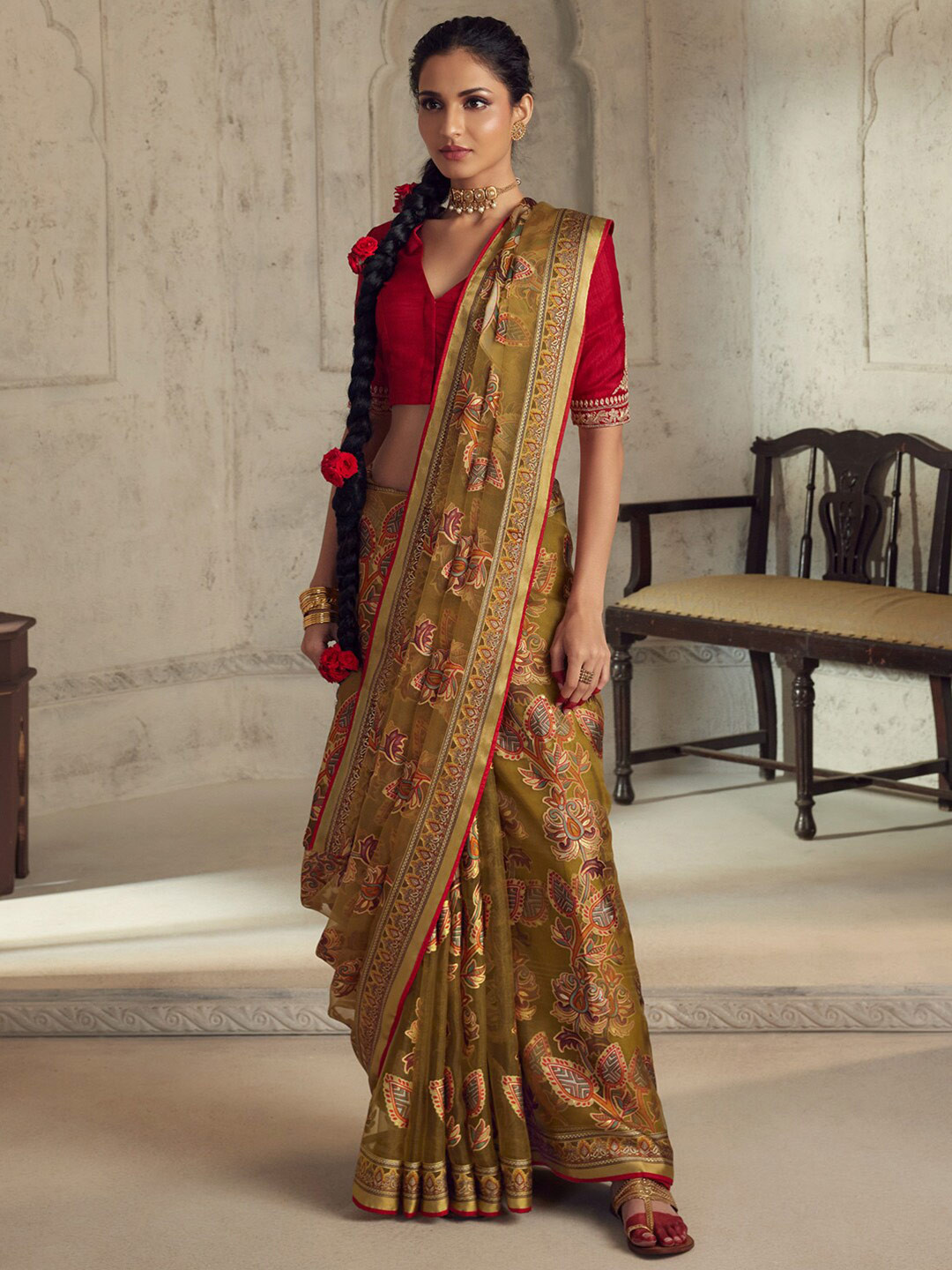 Buy Mitera Ethnic Motifs Printed Brasso Saree - Sarees for Women ...