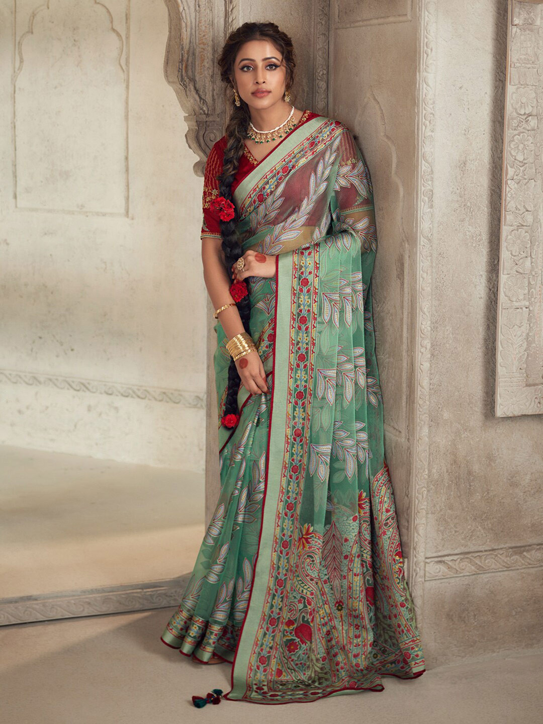 Buy Mitera Ethnic Motifs Printed Brasso Saree - Sarees for Women ...