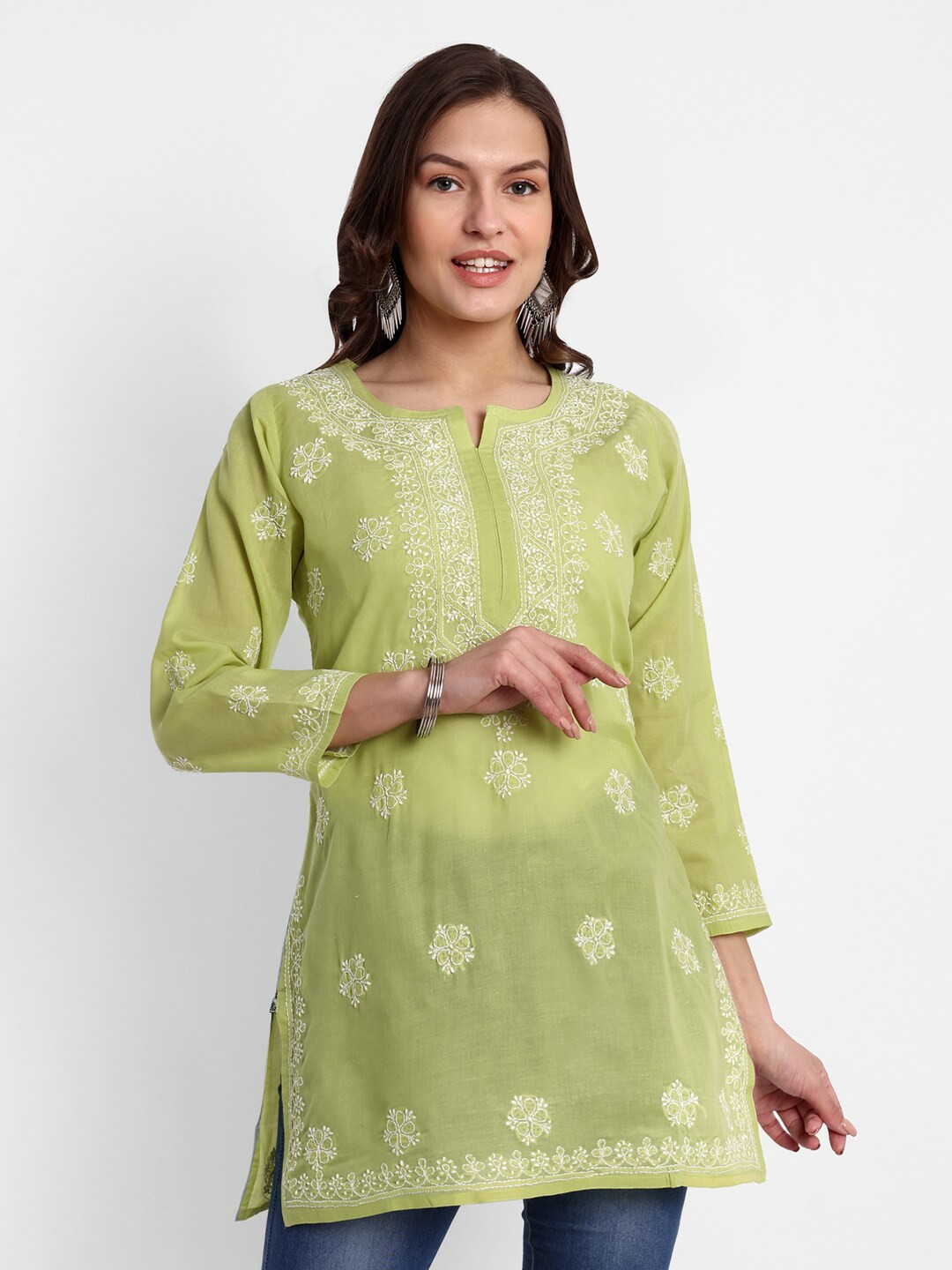 Buy ADA Floral Embroidered Chikankari Pure Cotton Kurti - Kurtis for ...