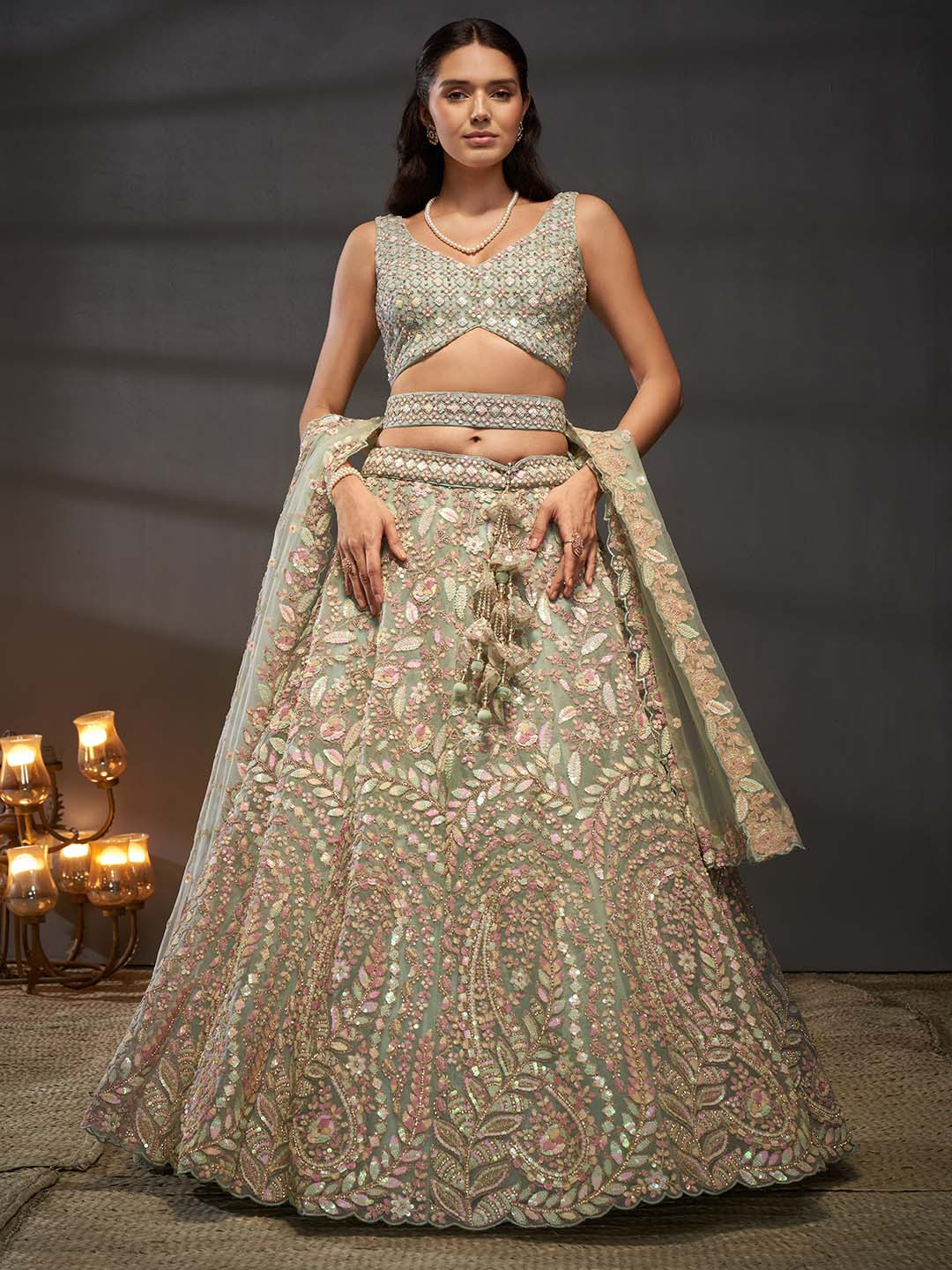 Buy Panchhi Embroidered Sequinned Semi Stitched Lehenga & Unstitched ...