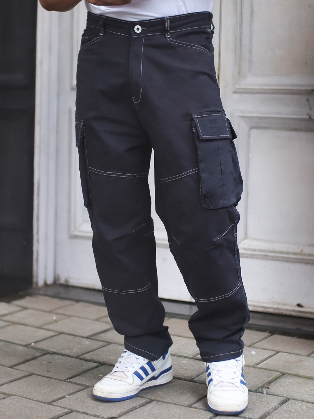 Buy Powerlook Men Grey Loose Fit Pure Cotton Cargos Trousers - Trousers ...