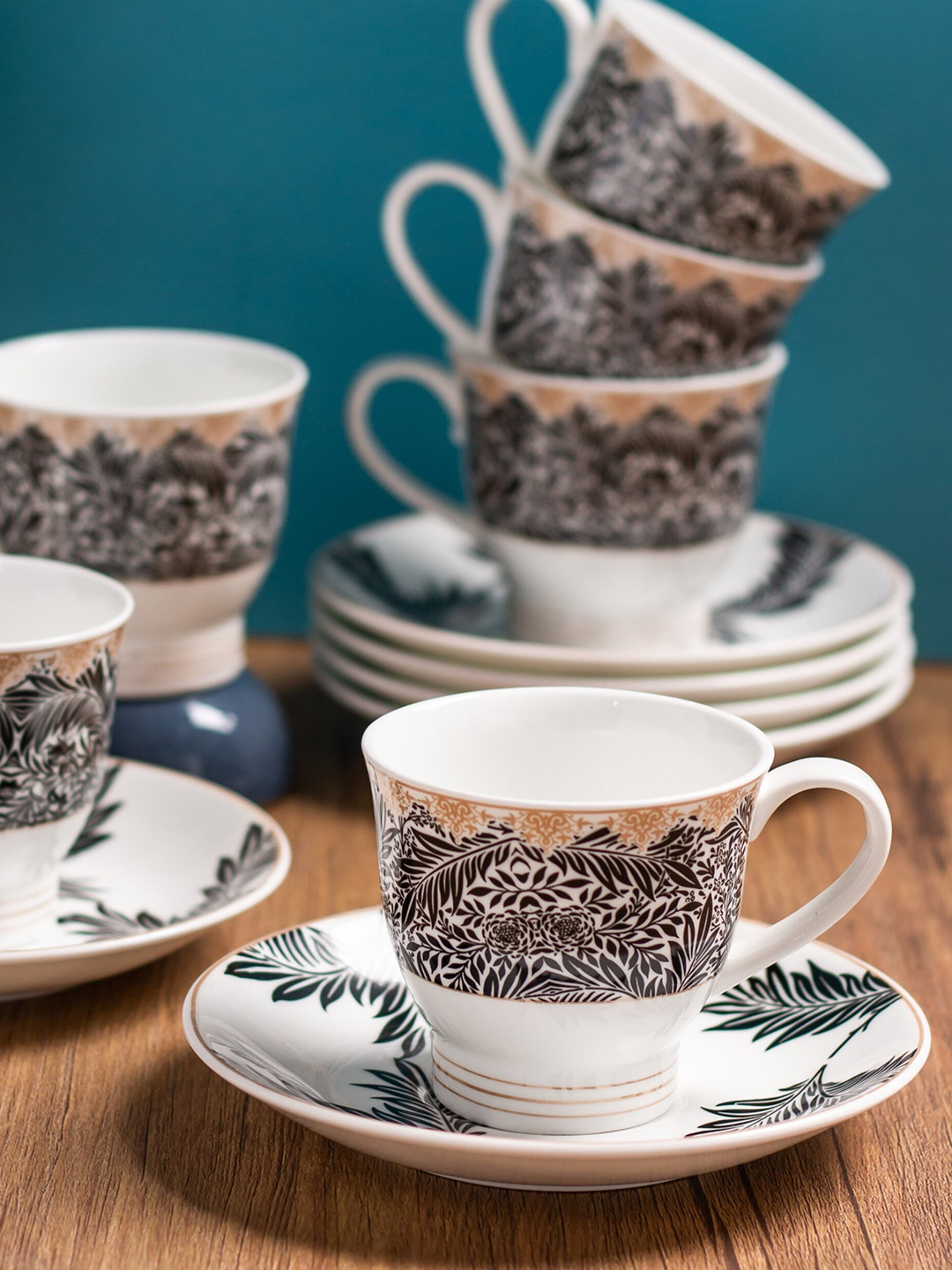 Buy CLAY CRAFT White & Black 12 Pieces Printed Ceramic Glossy Cups And ...