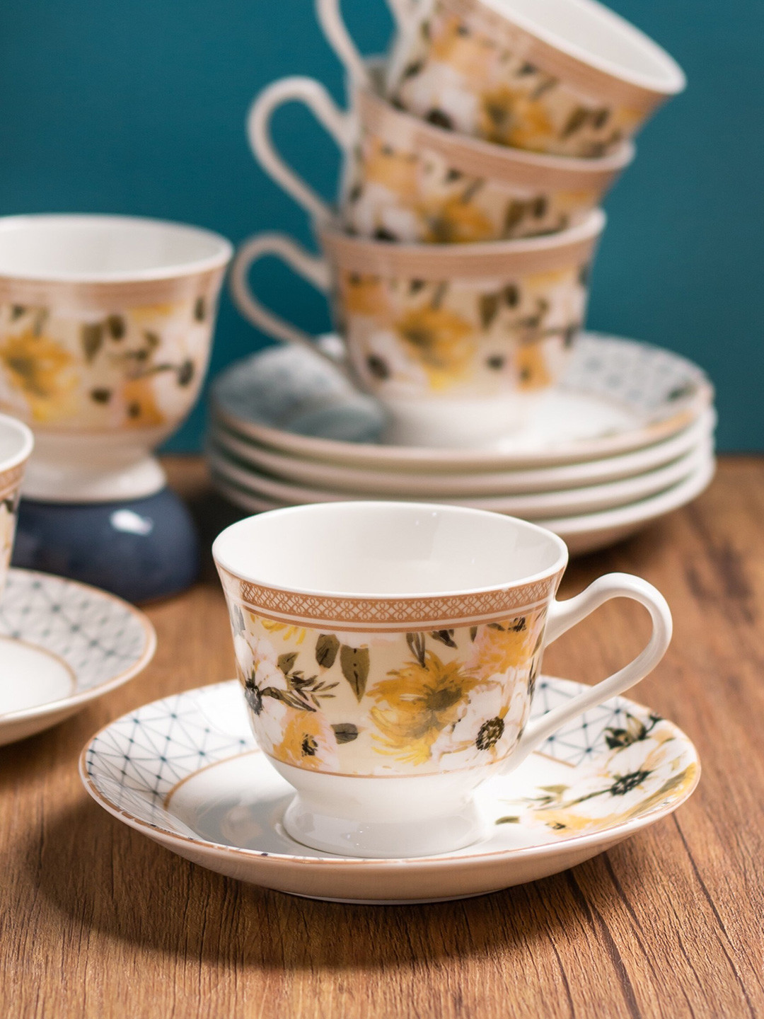 Buy CLAY CRAFT White & Yellow 12 Pieces Printed Ceramic Glossy Cups And ...