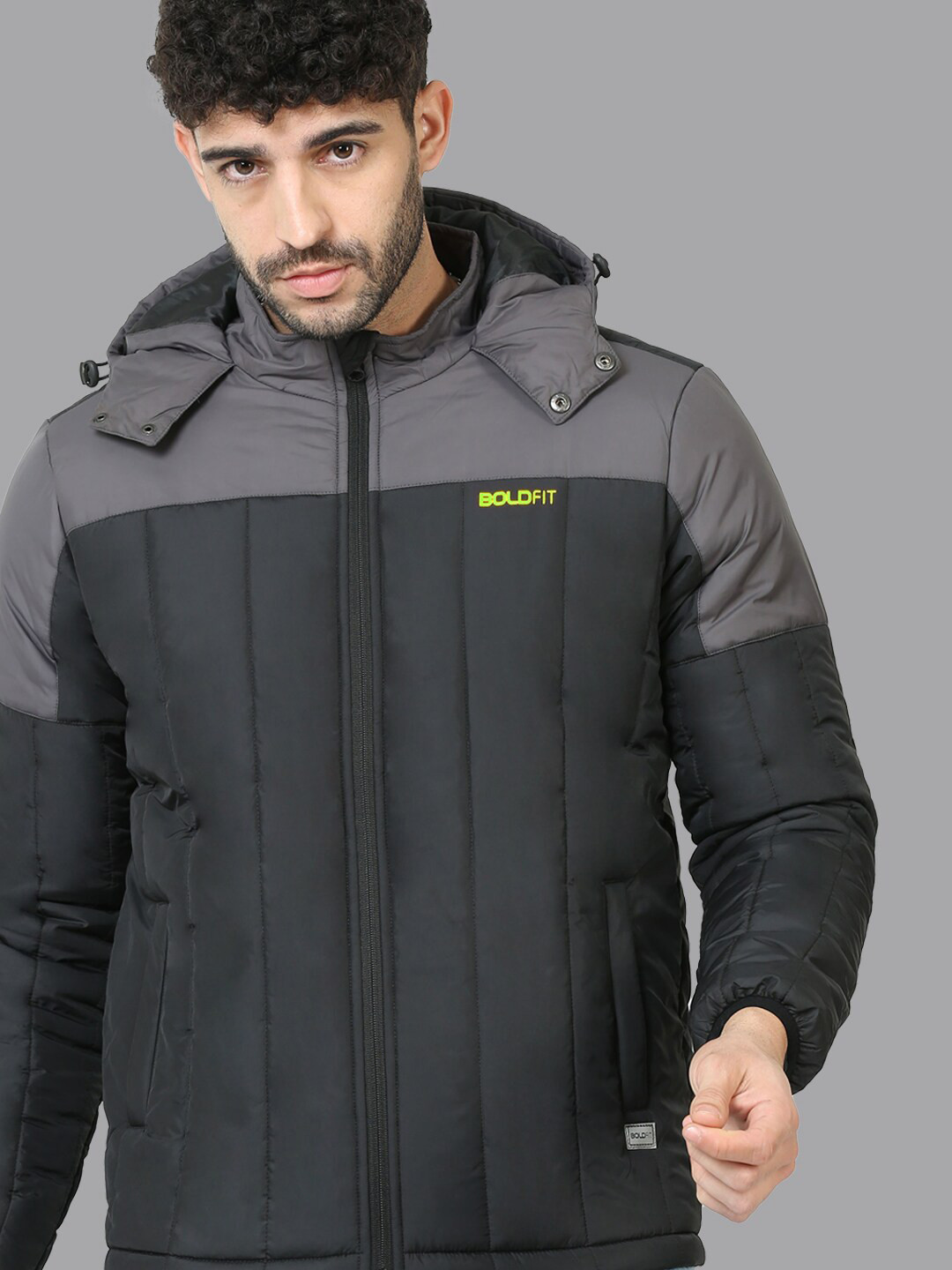 Buy BOLDFIT Colourblocked Windcheater Outdoor Quilted Hooded Padded ...