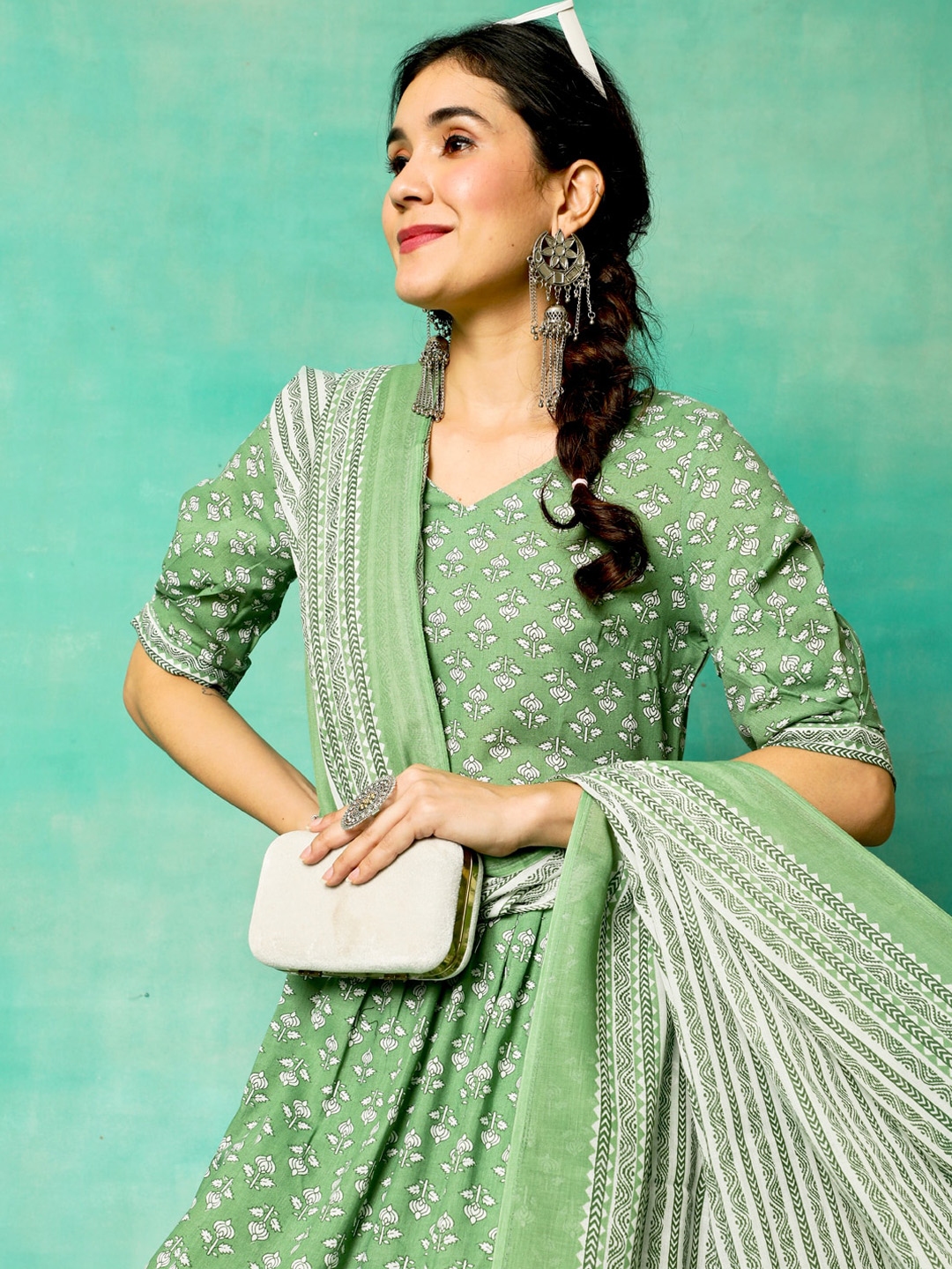 Buy Anouk Green Ethnic Motifs Printed Pure Cotton Kurta With Trousers