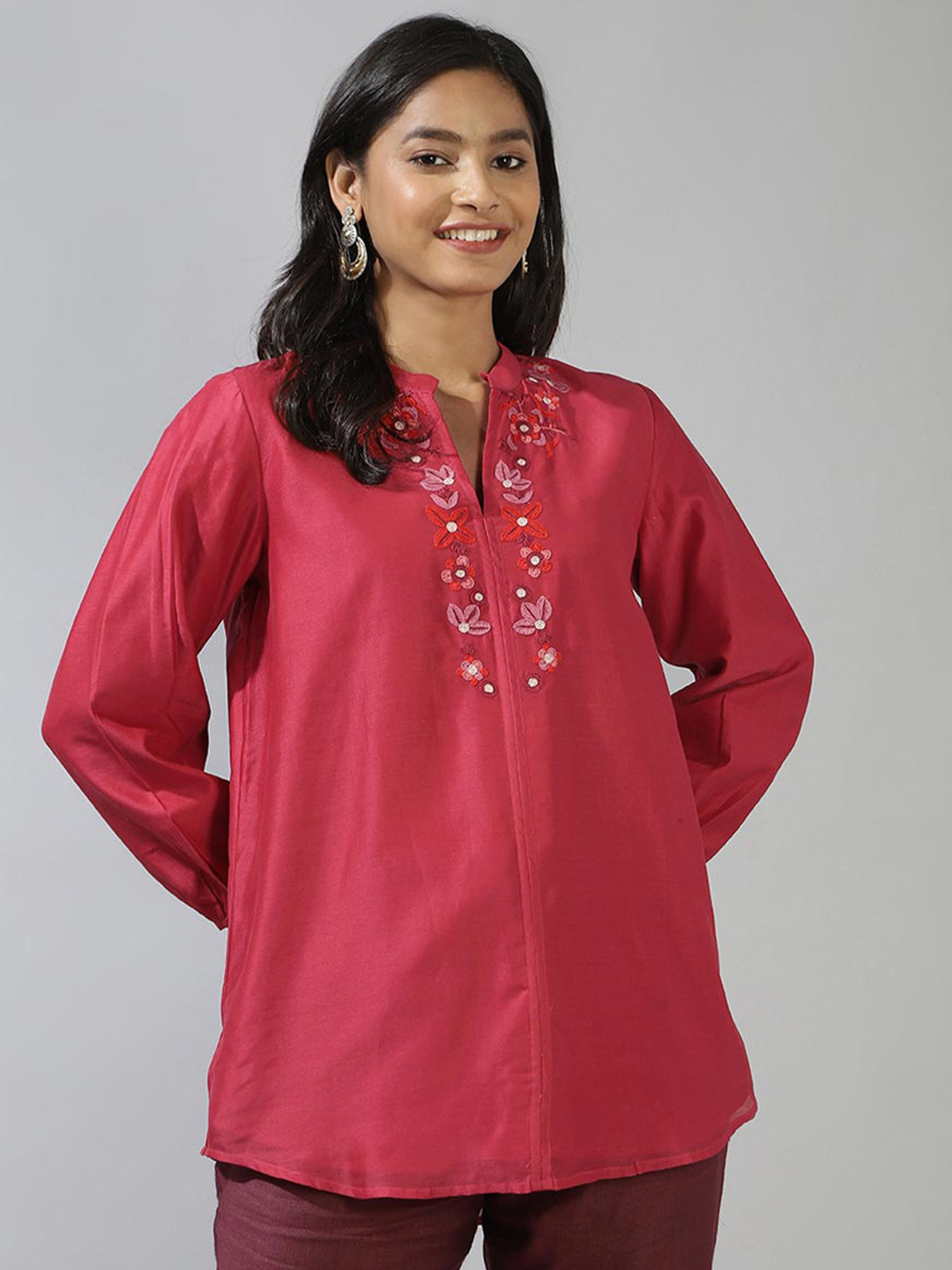 Buy Fabindia Floral Embroidered Mandarin Collar Cotton Tunic - Tunics ...