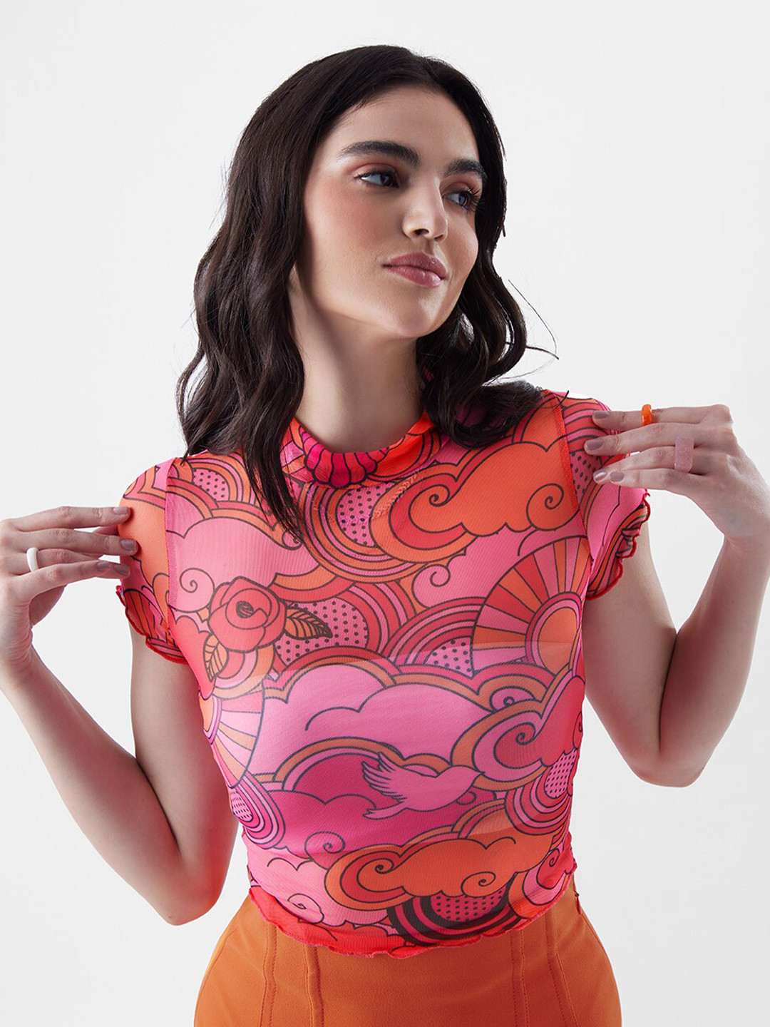 Buy The Souled Store Pink Graphic Printed High Neck Cap Sleeves Top ...