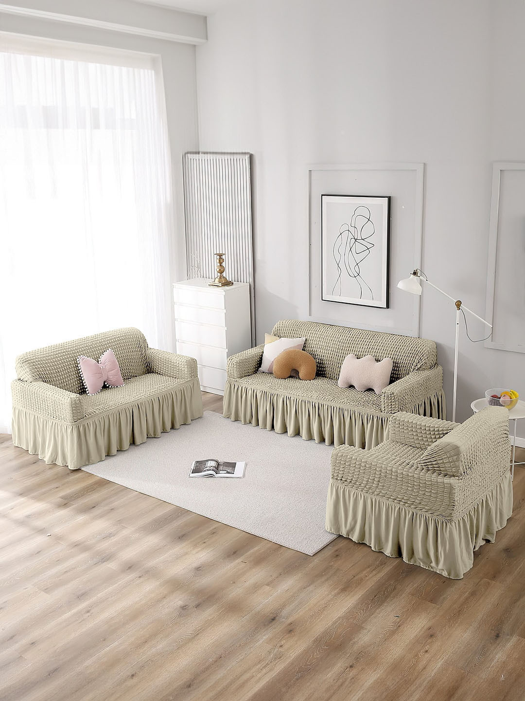Buy Cortina Beige 3 Pieces Woven Design 3 Seater & Single Seater Sofa ...