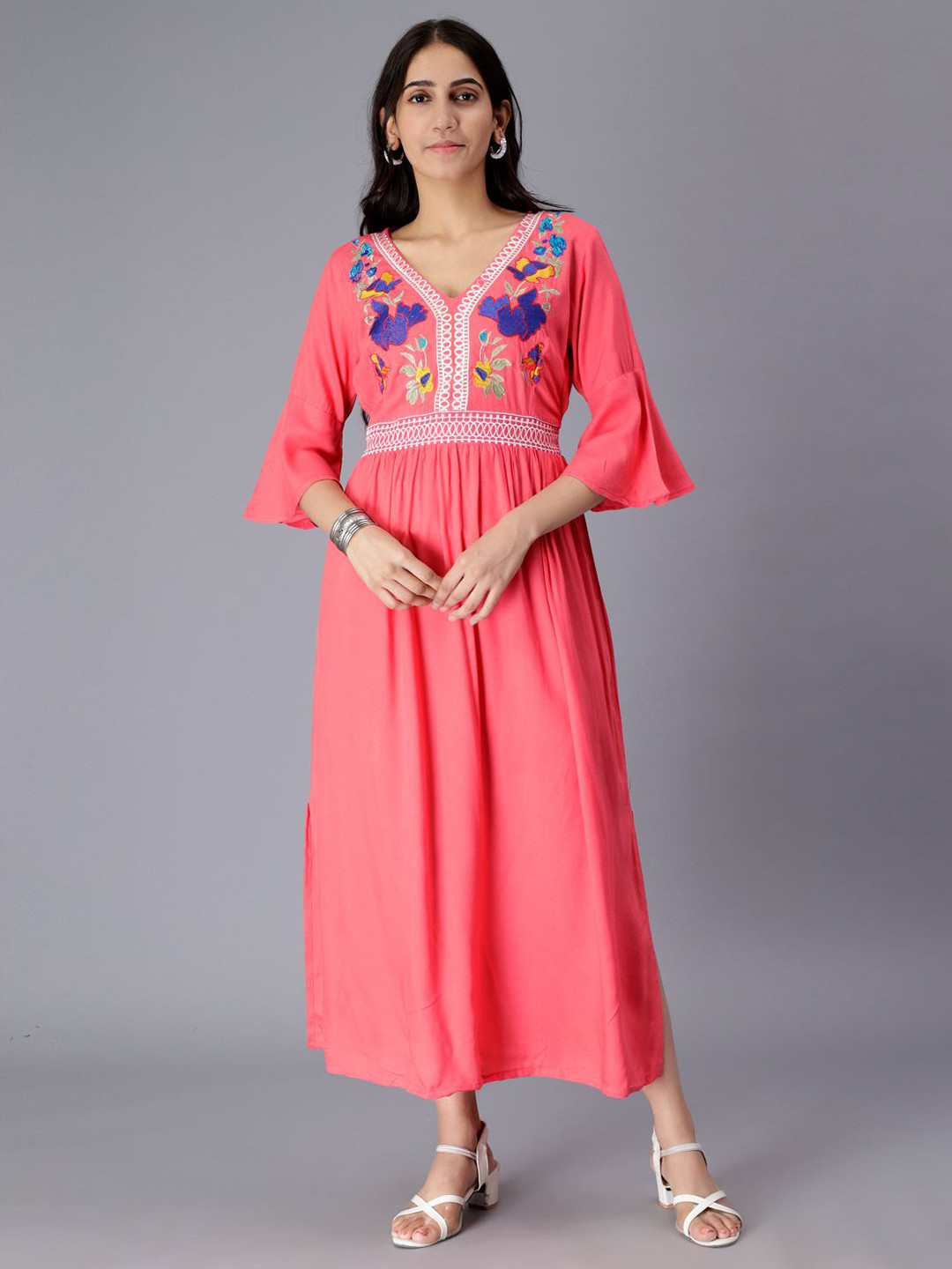 Buy SAAKAA Floral Embroidered V Neck Bell Sleeve Maxi Dress - Dresses ...