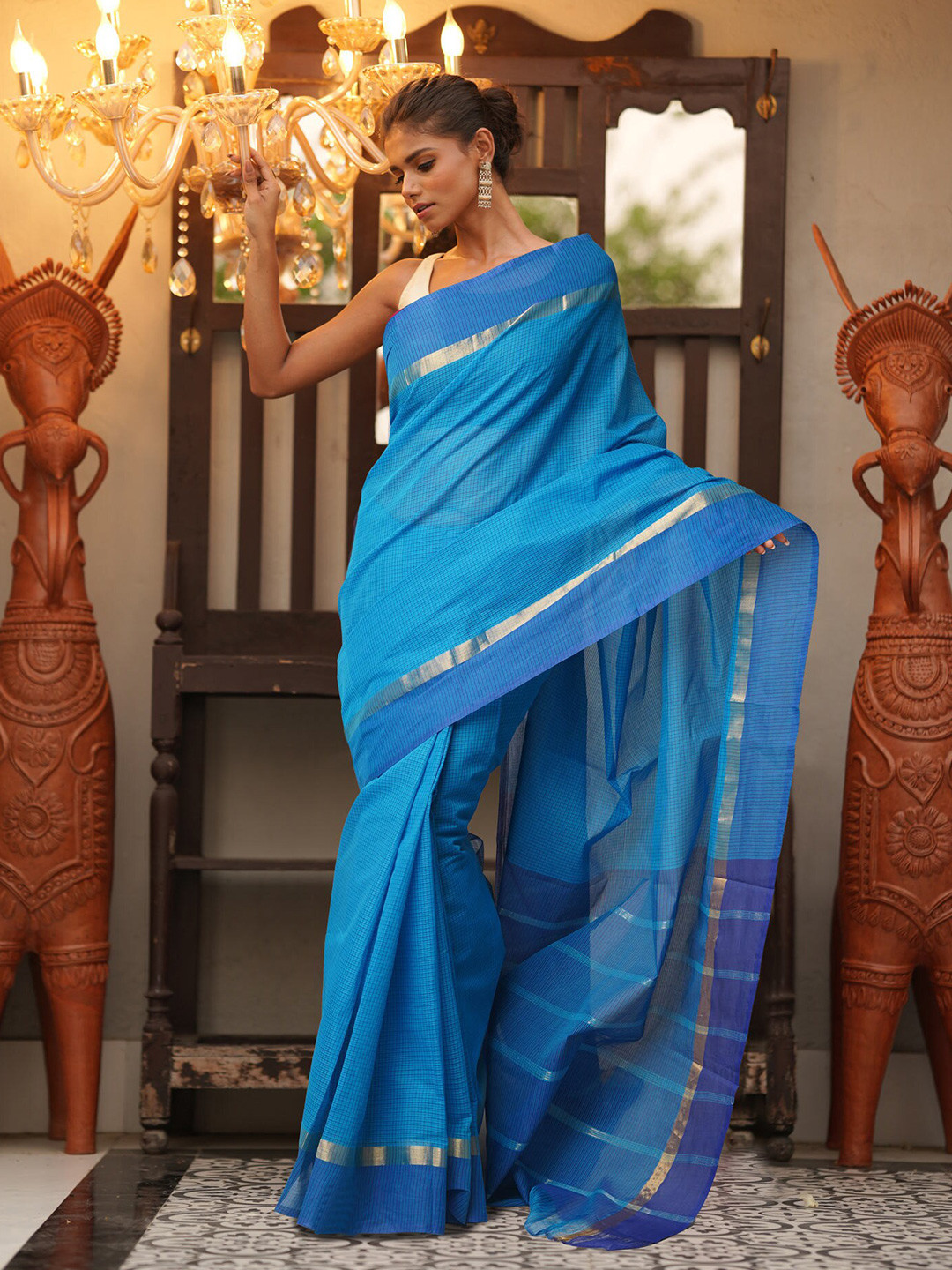 Buy Unnati Silks Blue Checked Zari Pure Cotton Handloom Mangalagiri ...