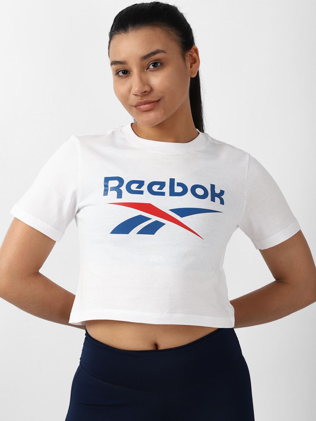 Buy Reebok Training App Brand Logo Printed Crop Pure Cotton T Shirt ...