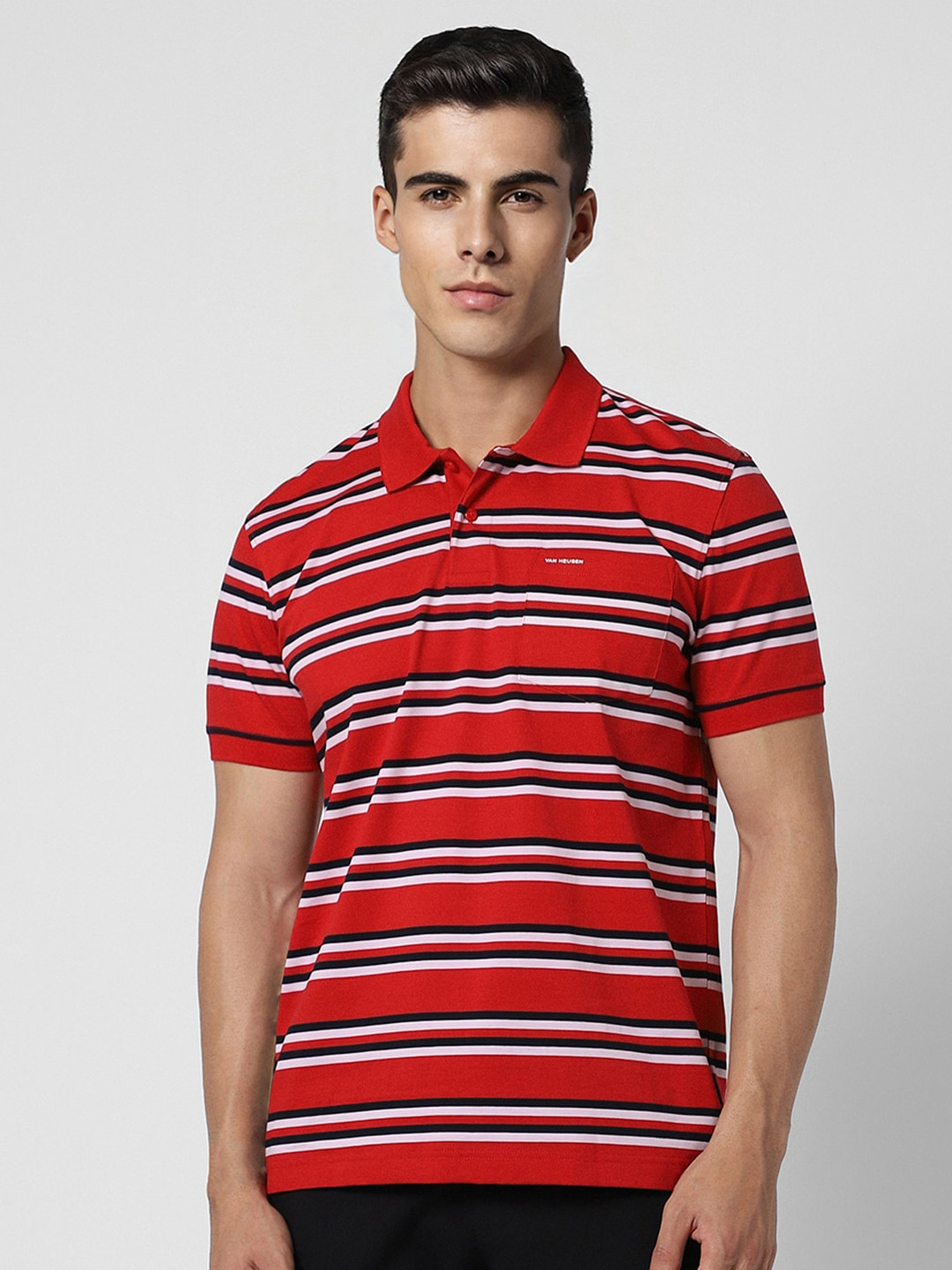 Buy Van Heusen Sport Men Red Striped Polo Collar Pockets T Shirt ...