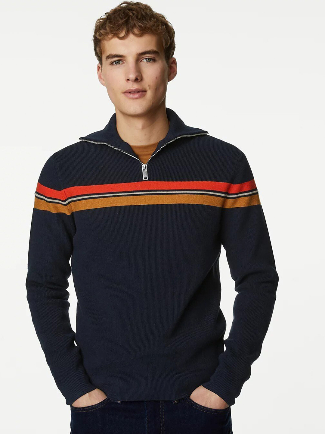 Buy Marks & Spencer Men Striped Mok Collar Sweatshirt - Sweatshirts for ...
