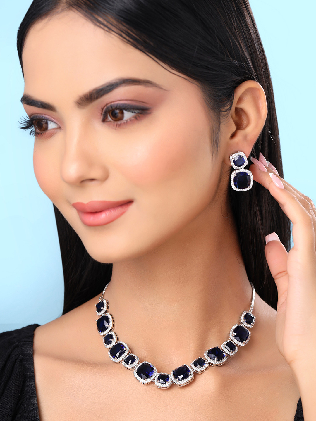 Buy Yellow Chimes Rhodium Plated American Diamond Studded Jewellery Set ...