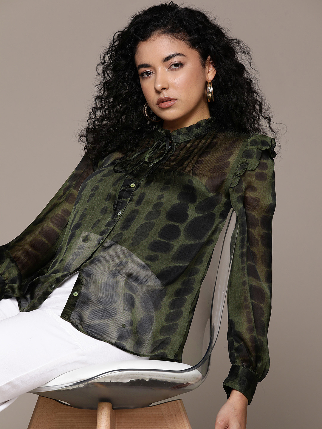 Buy MANGO Satin Finish Print Tie Up Neck Ruffles Shirt Style Top - Tops ...