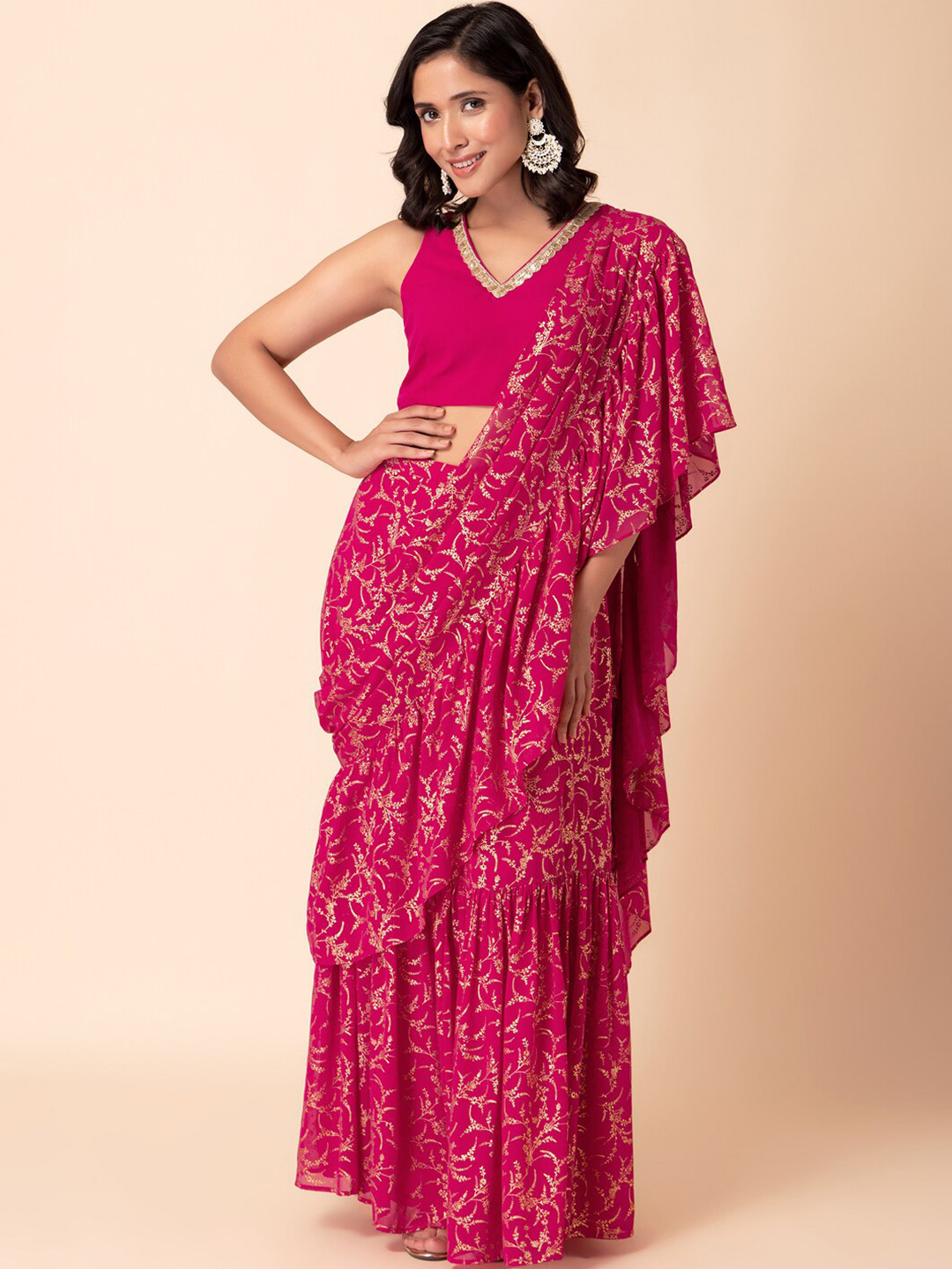 Buy INDYA Foil Printed Ruffled Ready To Wear Saree - Sarees for Women ...