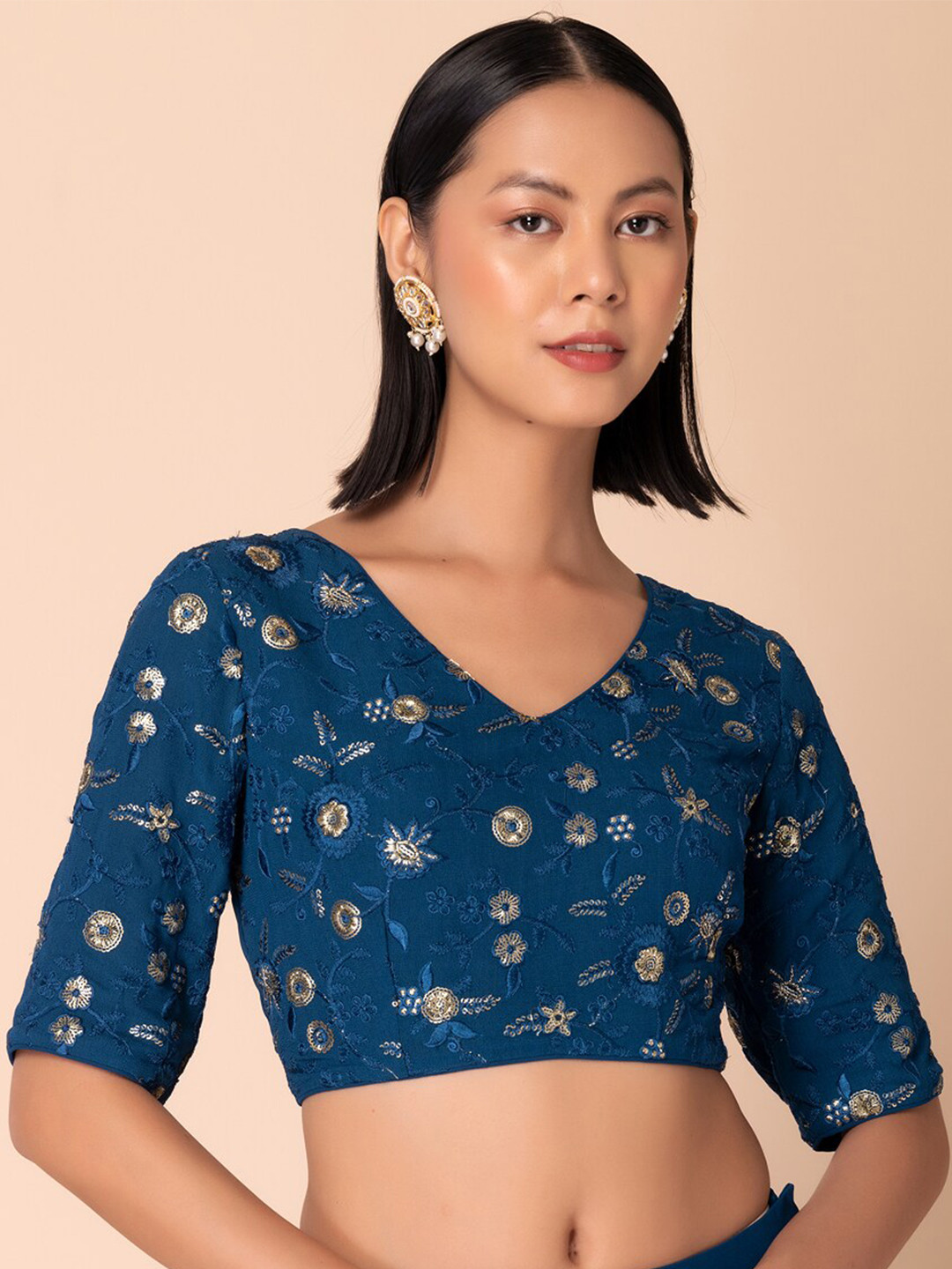Buy INDYA Floral Embroidered V Neck Saree Blouse - Saree Blouse for ...