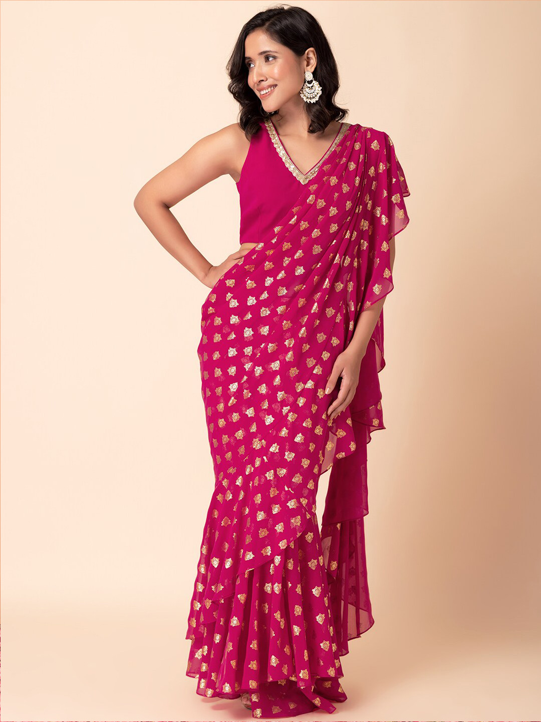 Buy INDYA Ethnic Printed Ready To Wear Stitched Ruffled Saree - Sarees ...