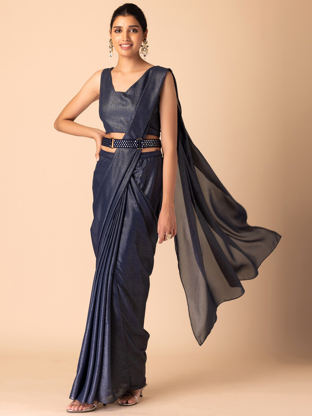 Buy INDYA Shimmer Ready To Wear Saree With Blouse & Belt - Sarees for ...