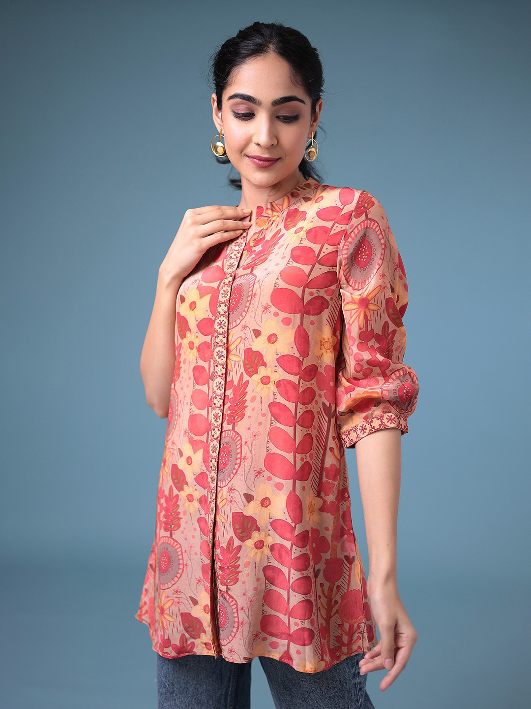 Buy ZARI Floral Printed Mandarin Collar Modal Tunic - Tunics for Women ...