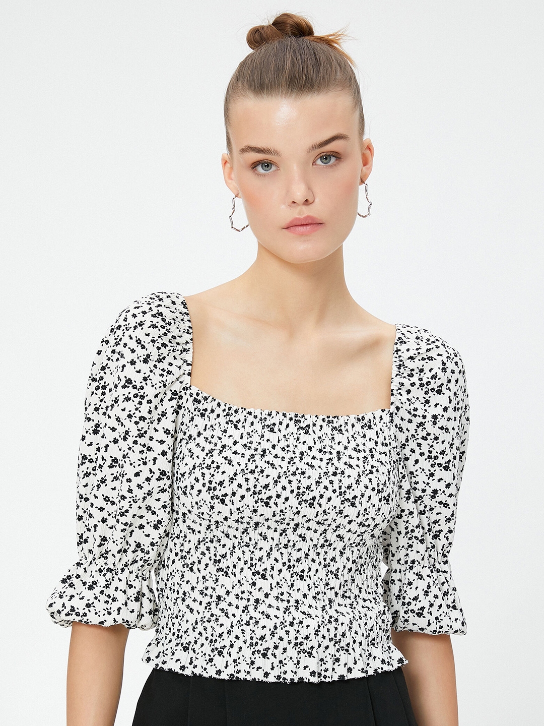 Buy Koton Floral Printed Square Neck Puff Sleeves Smocked Fitted Crop