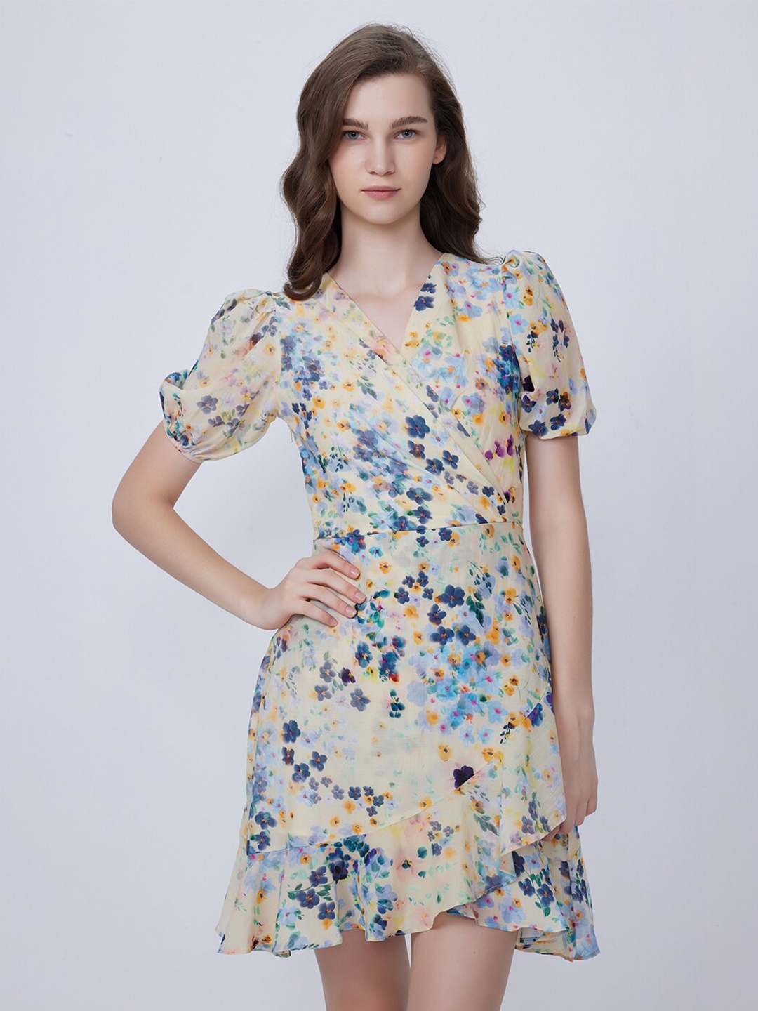 Buy Cover Story Yellow And Blue Floral Printed V Neck Puff Sleeve Fit