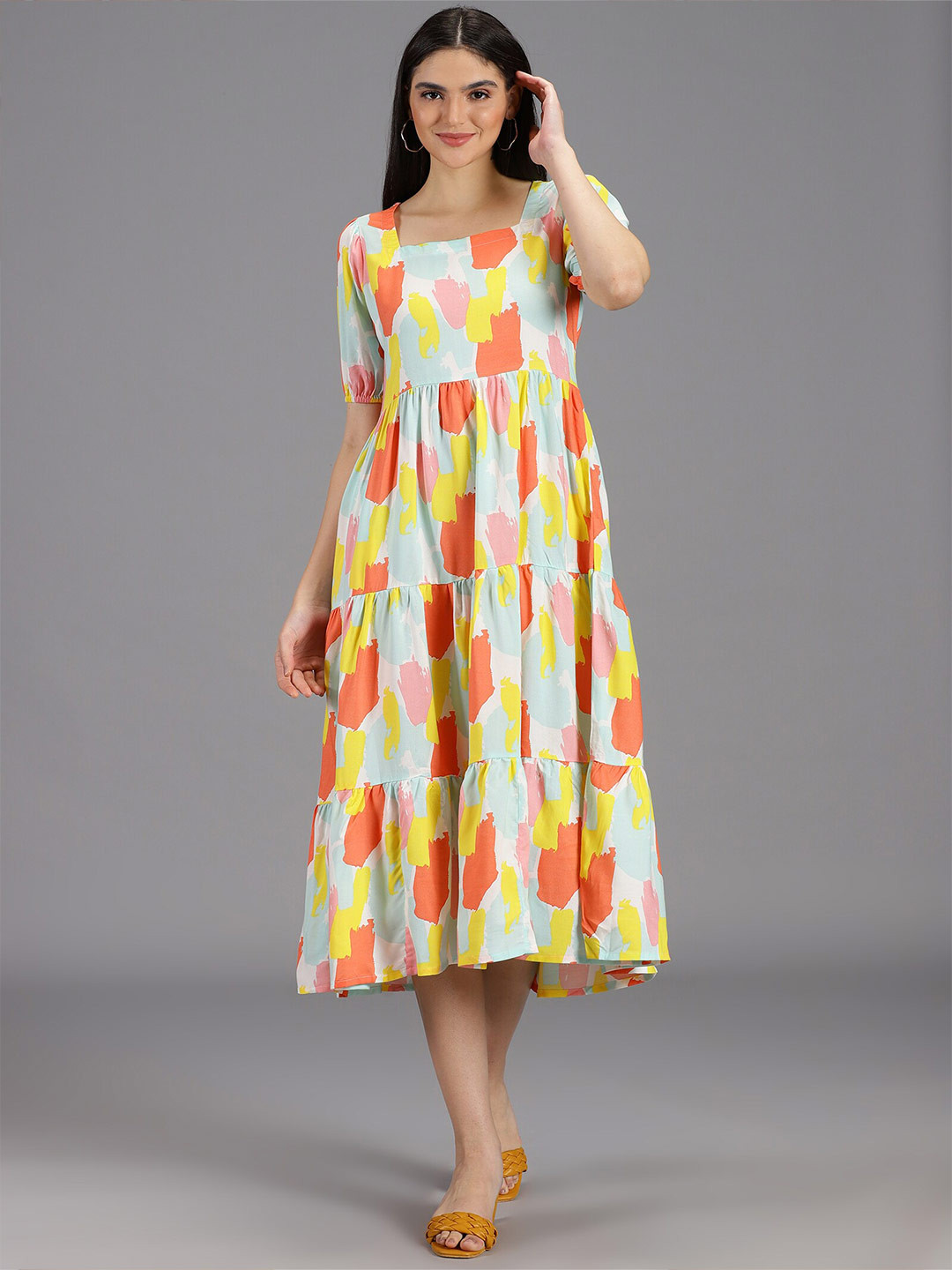 Buy HAY Abstract Printed Square Neck Puff Sleeves Empire Midi Dress ...