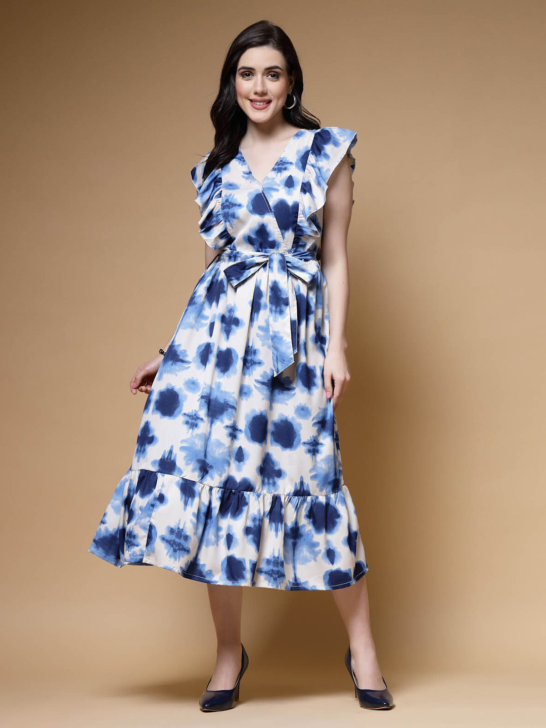 Buy PlusS Blue Abstract Printed Flutter Sleeves Fit & Flare Midi Dress ...