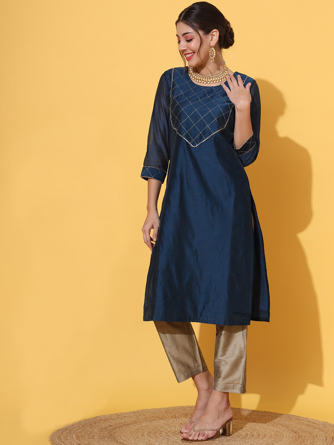 Buy DECKEDUP Geometric Yoke Design Gotta Patti Chanderi Cotton Straight Kurta - Kurtas for Women ...